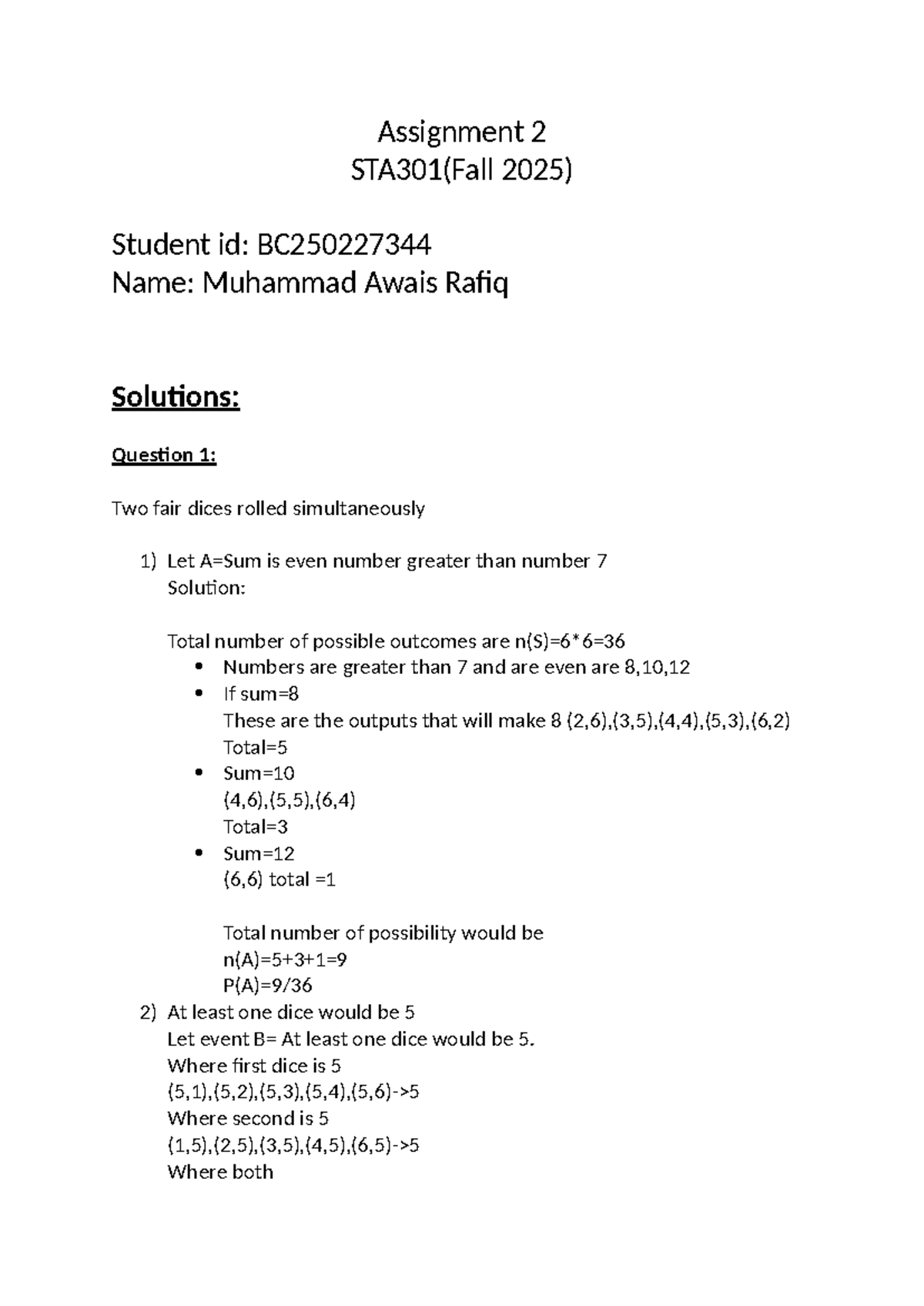 Assignment 2 Solutions for STA301 (Fall 2025) - Dice Probabilities - Studocu