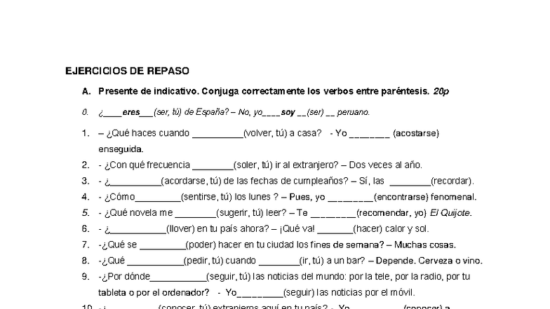 Ejercicios de Repaso II: Presente de Indicativo y Conjugaciones - Studocu