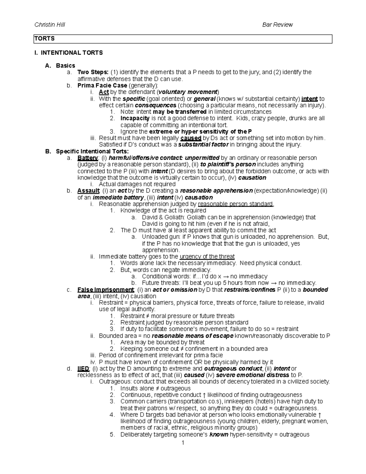Torts I Bar Review: Intentional Torts Overview and Key Concepts - Studocu