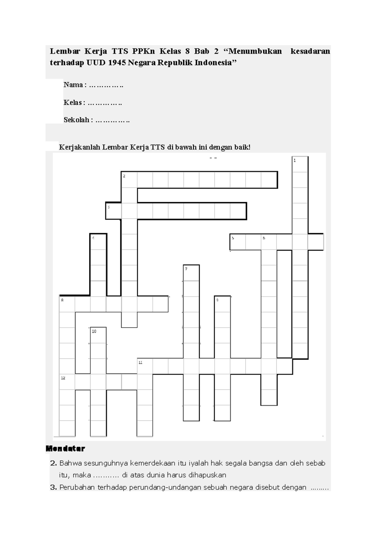 Lembar Kerja TTS PPKn Kelas 8 Bab 2: Kesadaran UUD 1945 - Studocu