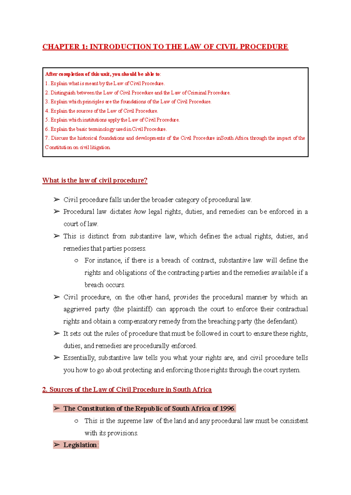Civil Procedure SM1: Chapter 1 - Introduction to Civil Law - Studocu