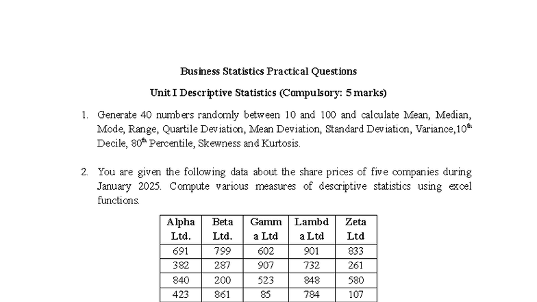 Business Statistics Practical Questions Unit I: Descriptive Stats Analysis - Studocu