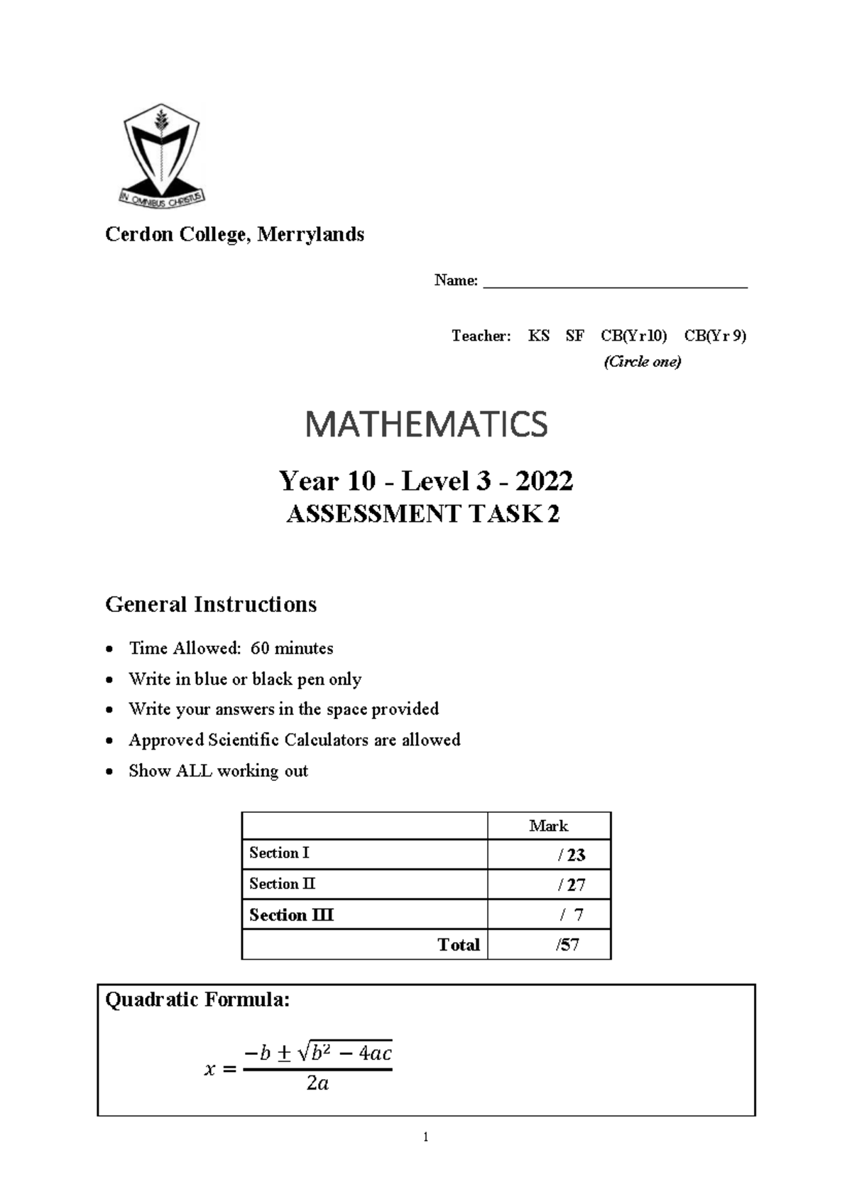 Yr 10 L3 Math Assessment Task 2 - Quadratic Functions & Graphs - Studocu