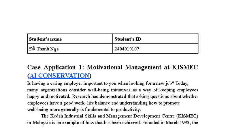 CS Topic 7 TUT 14: Case Study on Motivational Management at KISMEC ...