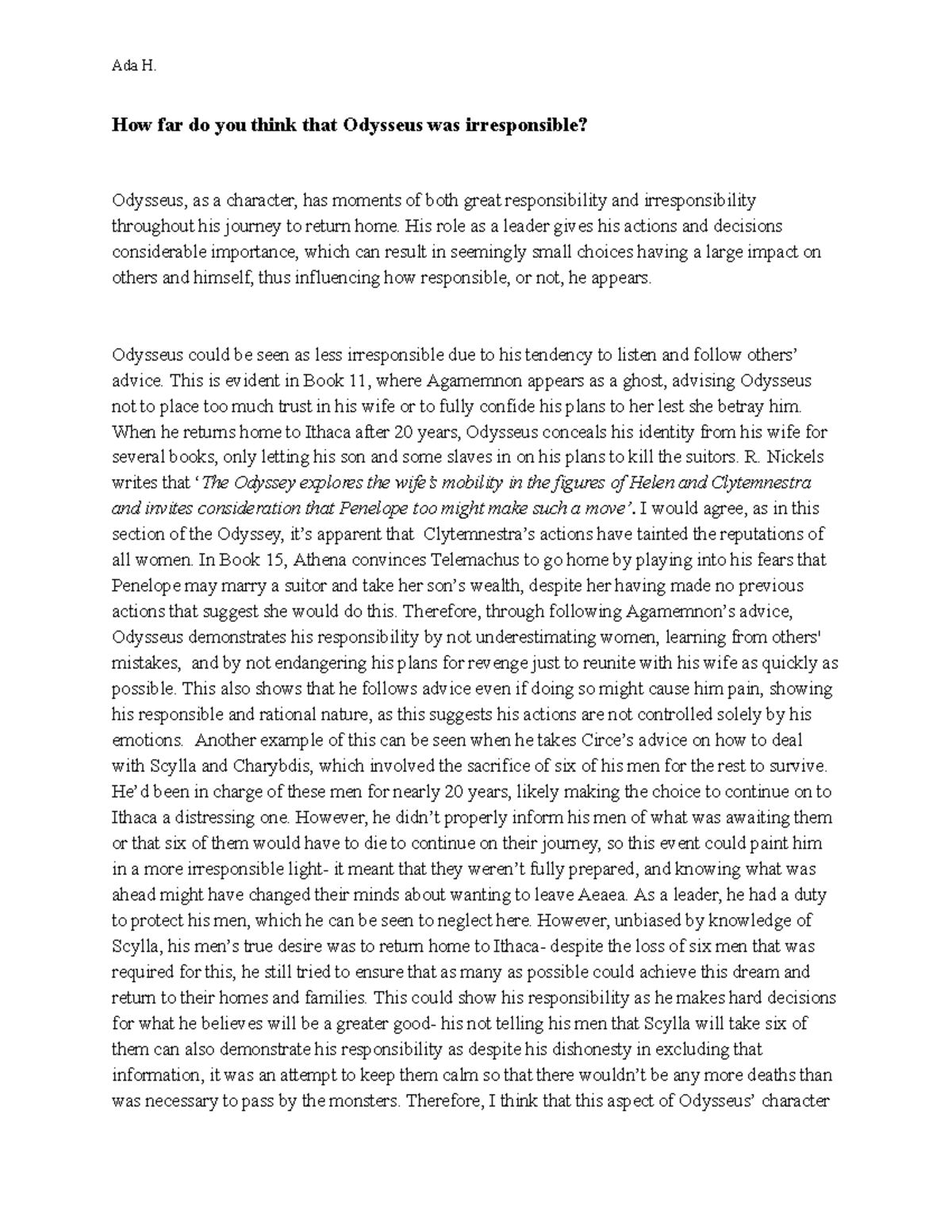 ENG 201: Essay on Odysseus' Responsibility in the Odyssey - Studocu
