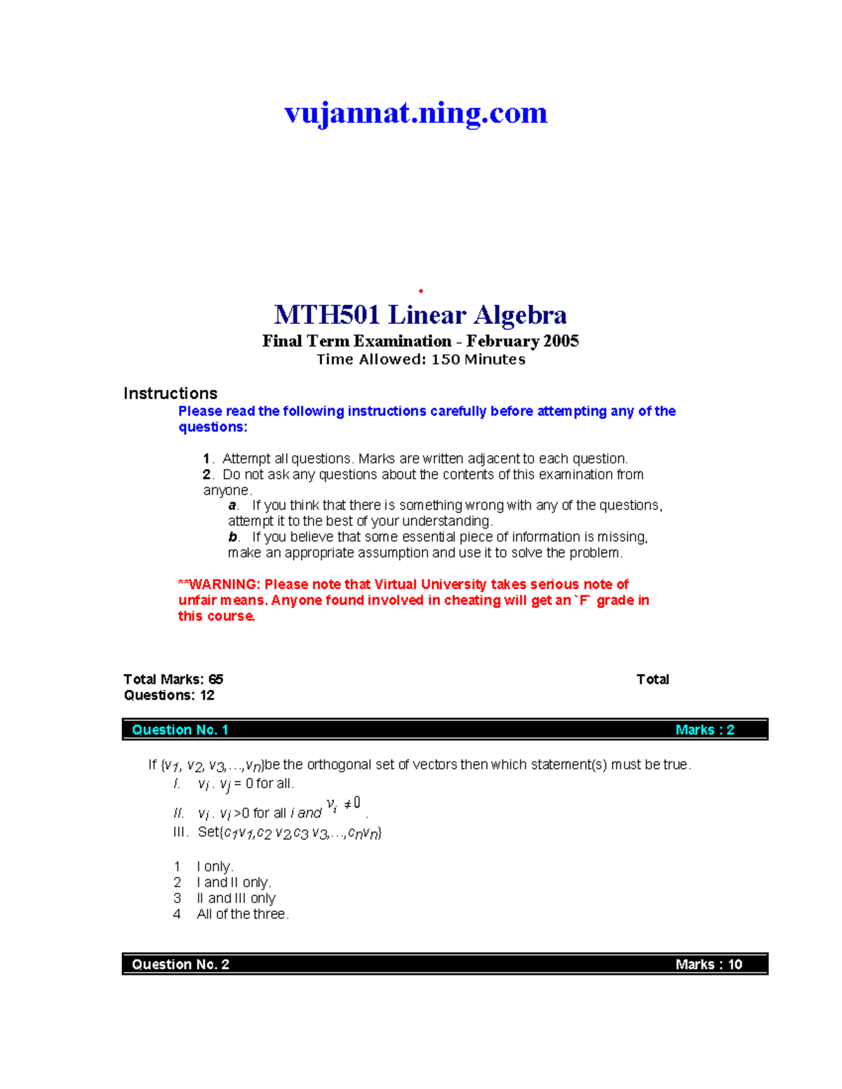 MTH501 Final Term Exam Papers Compilation for Linear Algebra - Studocu