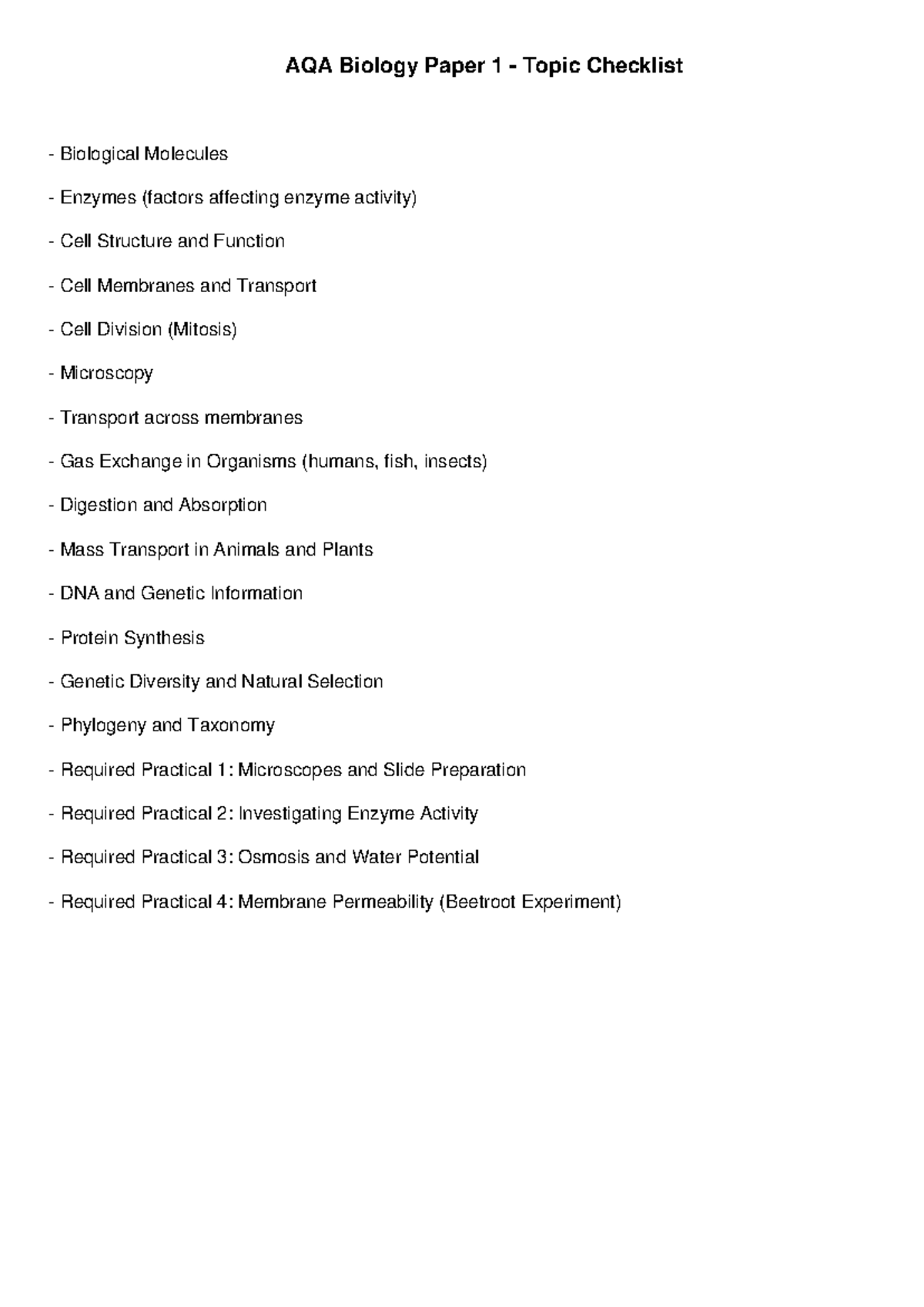 Biology paper 1 topic checklist - AQA Biology Paper 1 - Topic Checklist ...