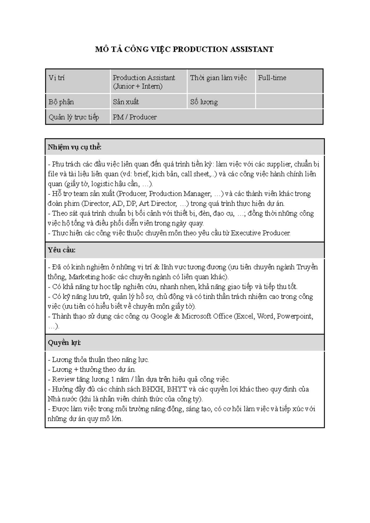 JD for Production Assistant (Junior Intern) - Mô Tả Công Việc - Studocu