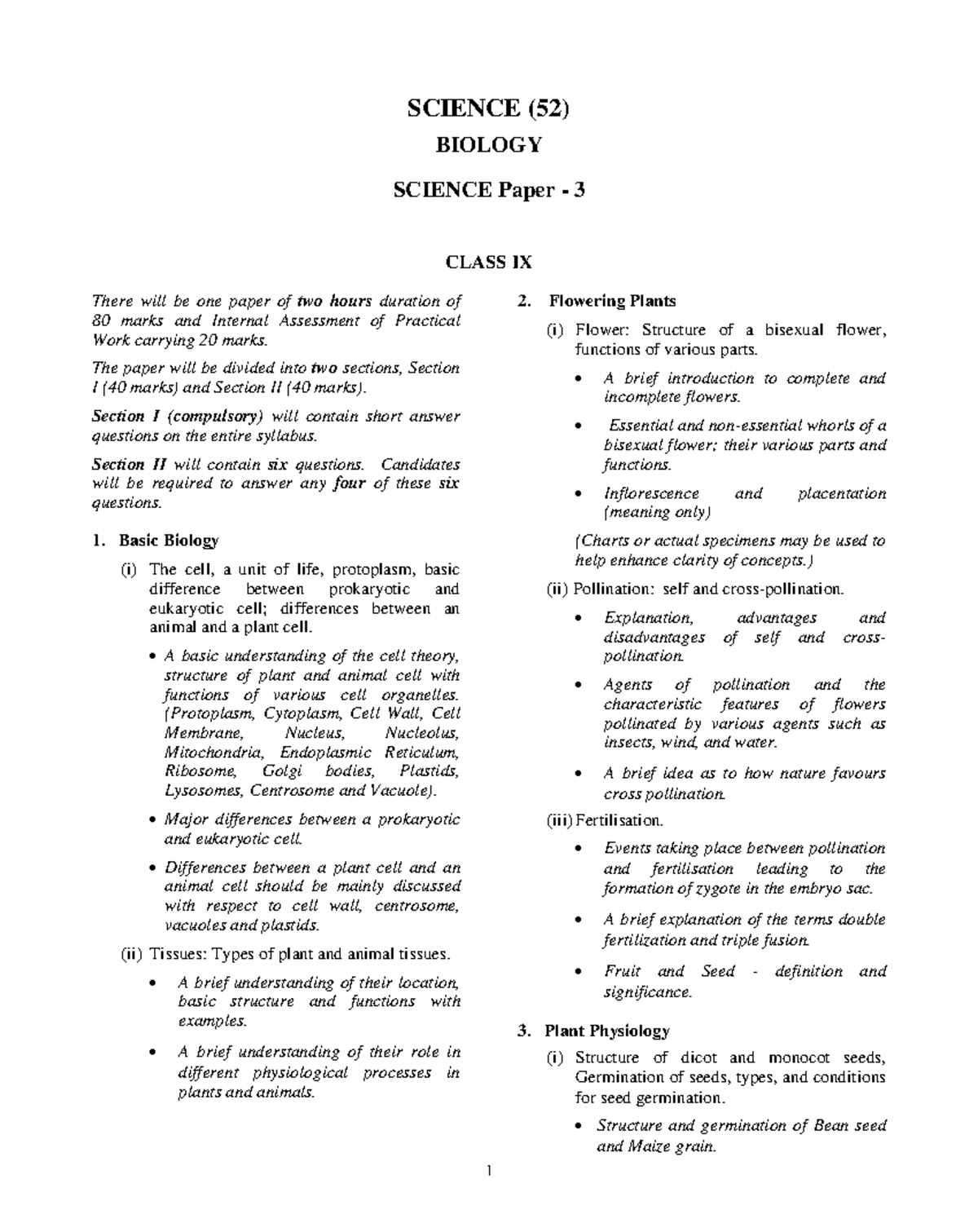 SCIENCE (52) BIOLOGY Paper 3 CLASS IX: Flowering Plants & Cell ...