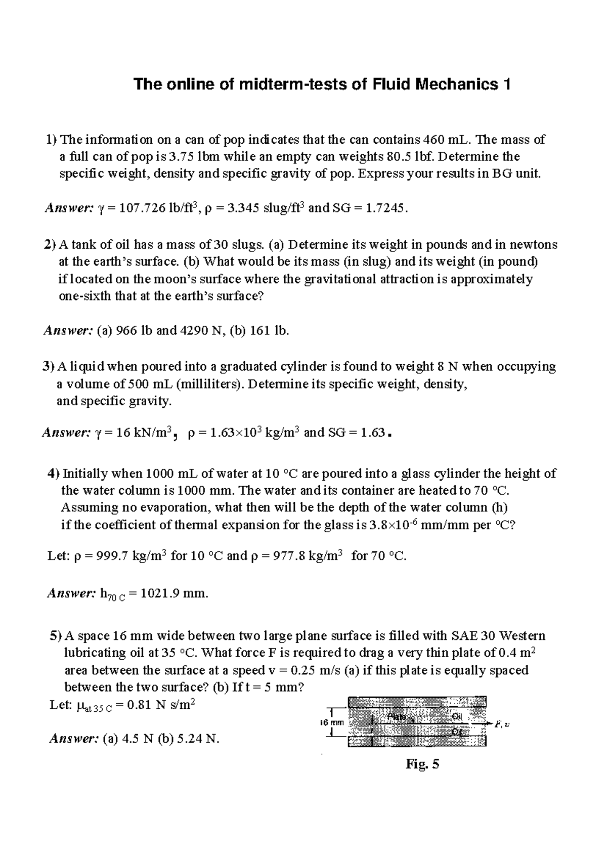 Midterm 2-2552 - Fluid Mechanics 1 Quiz: Specific Weight and Density ...