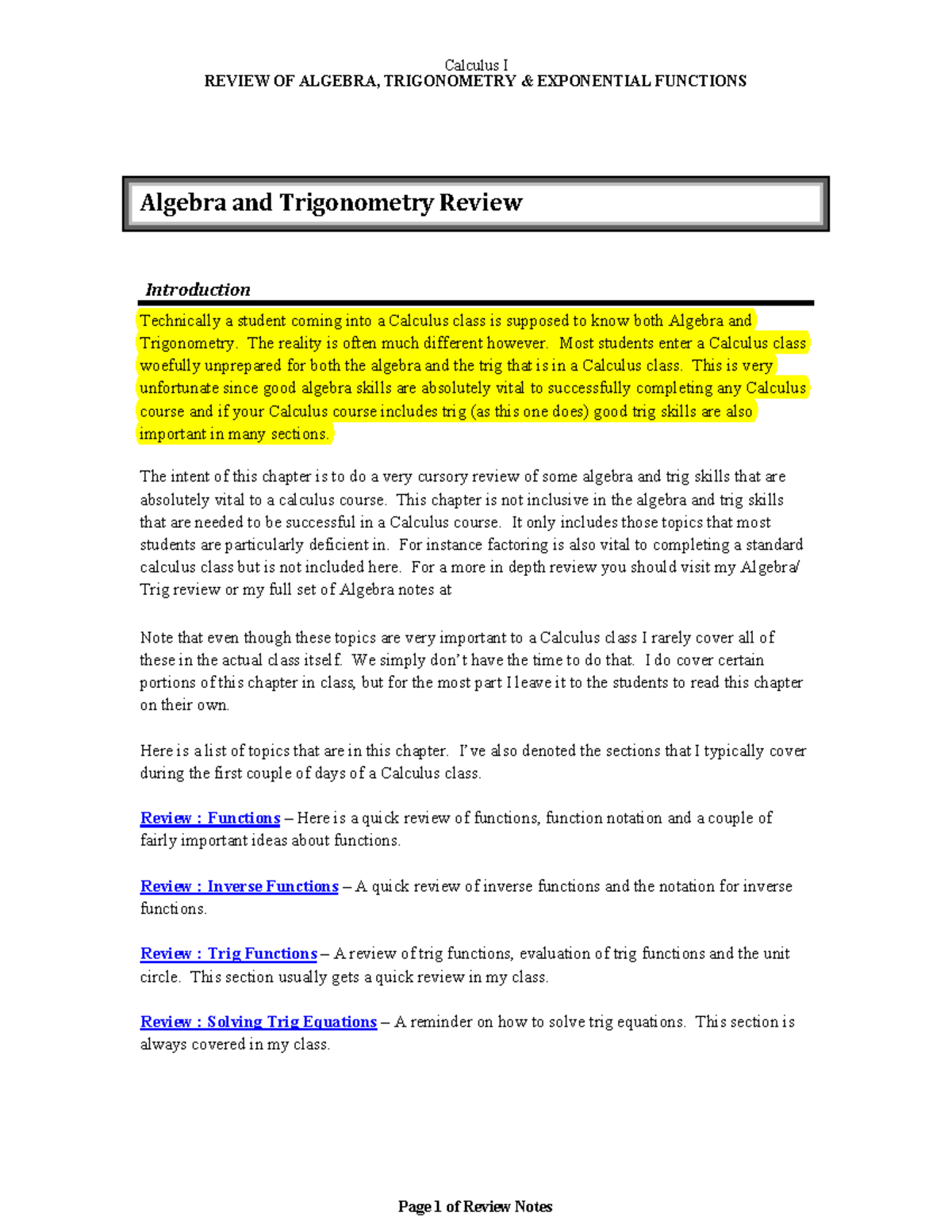 Calculus I: Review of Algebra, Trigonometry & Exponential Functions ...