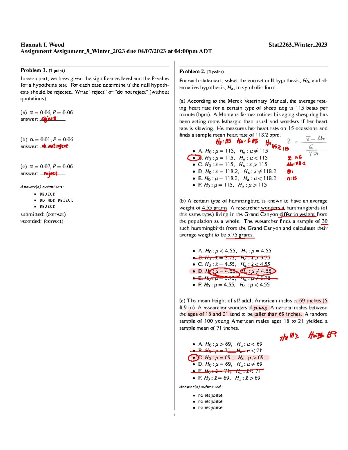 Stats Assignment 9 - Hannah I. Wood Stat2263 Winter 2023 Assignment Assignment 8 Winter 2023 due ...