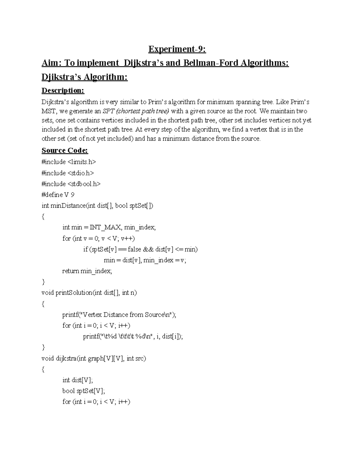 Experiment-9 daa - Experiment - Experiment-9: Aim: To implement Dijkstra’s and Bellman-Ford ...