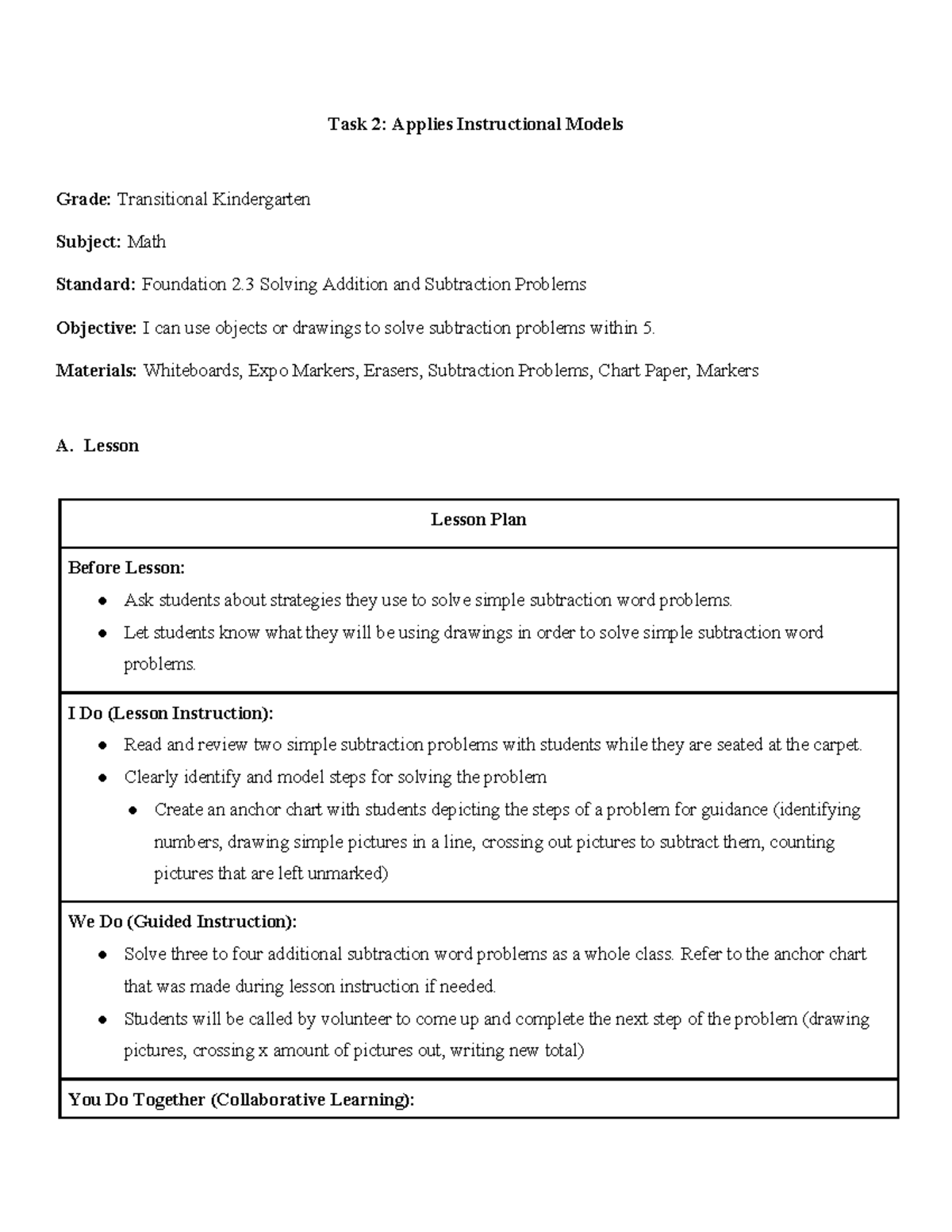 TK Math Lesson Plan: Gradual Release Model for Subtraction - Studocu