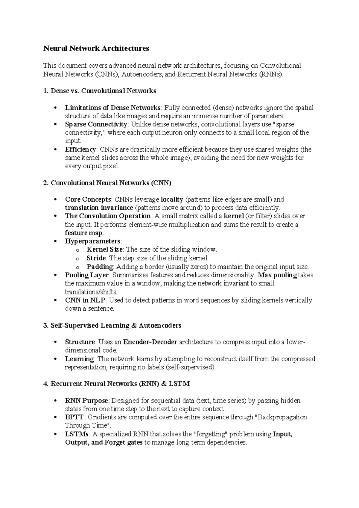 Advanced Neural Network Architectures: CNNs, Autoencoders, RNNs Notes ...