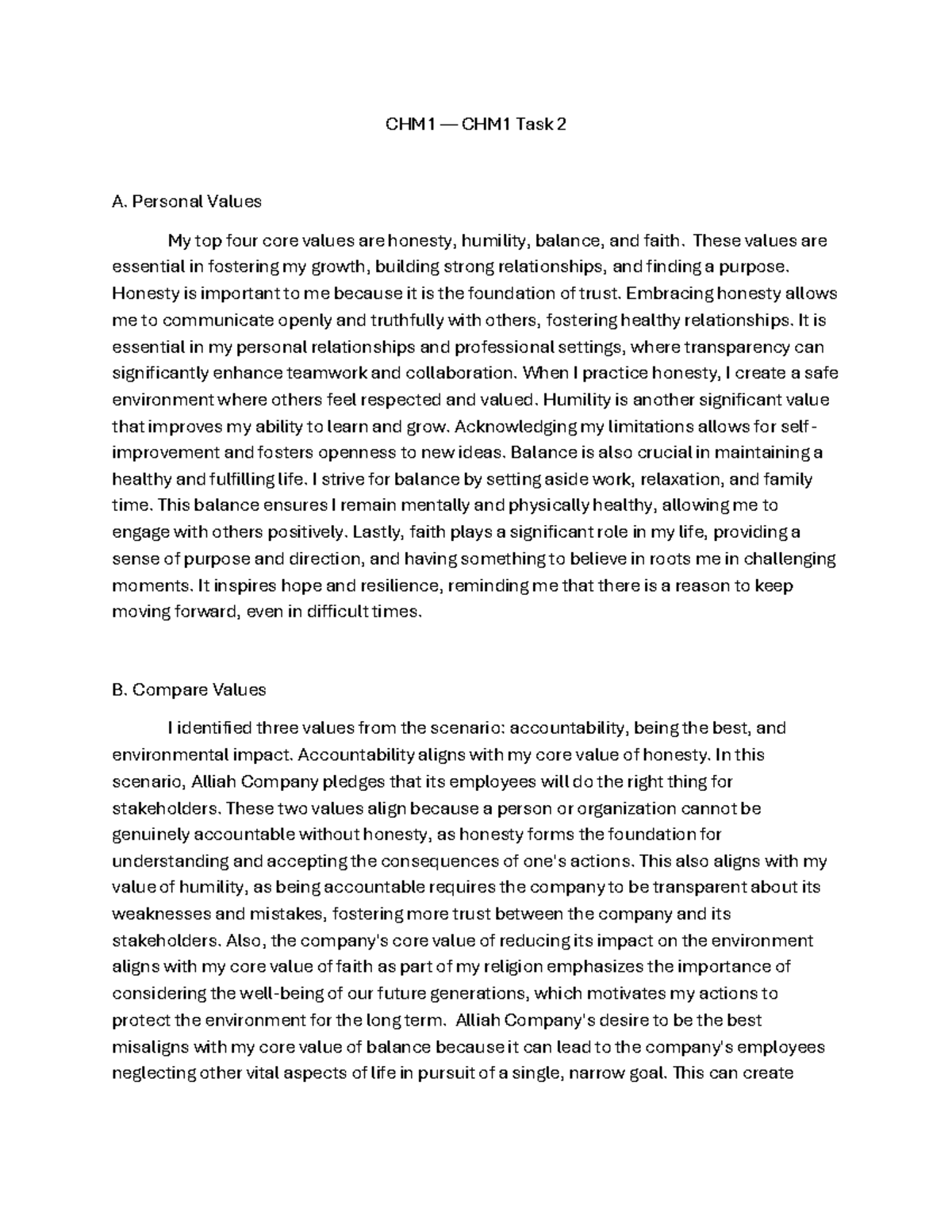 CHM1 — Task 2: Core Personal Values and Business Alignment Analysis ...