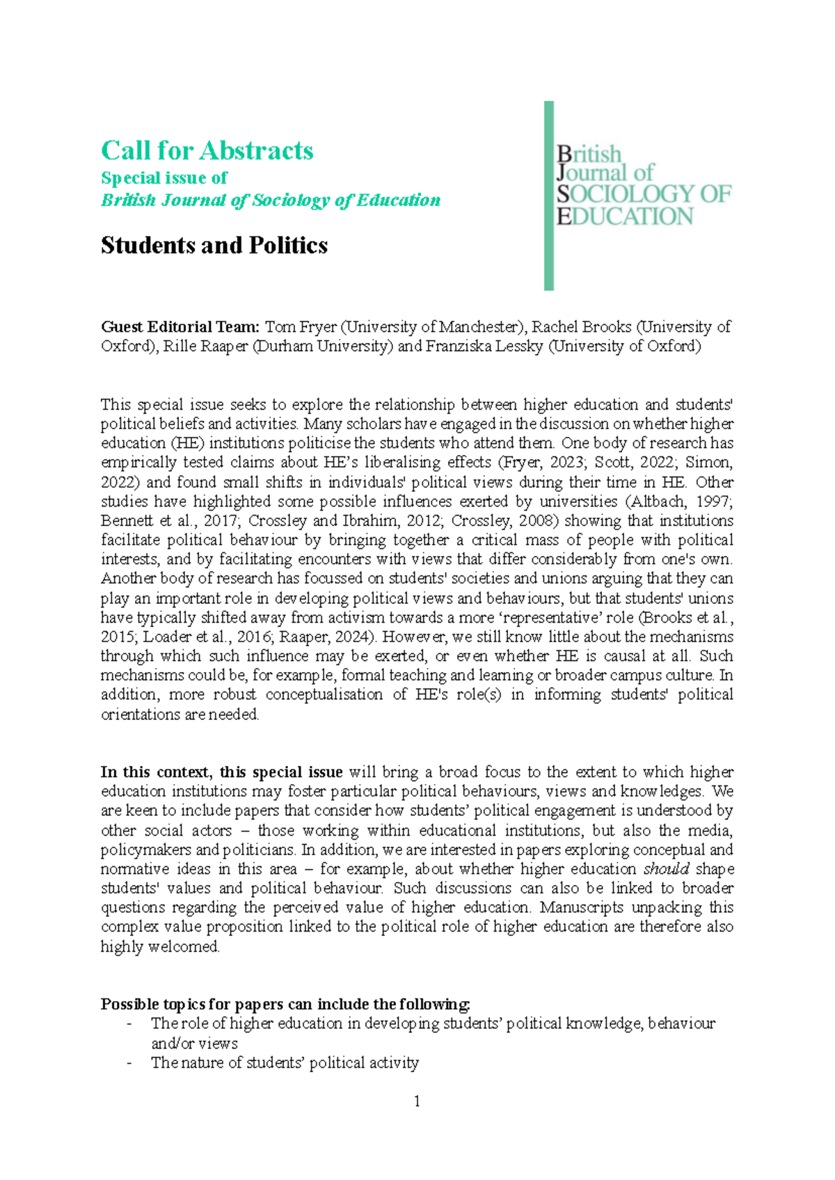 Students and Politics: Call for Abstracts for BJSE Special Issue - Studocu