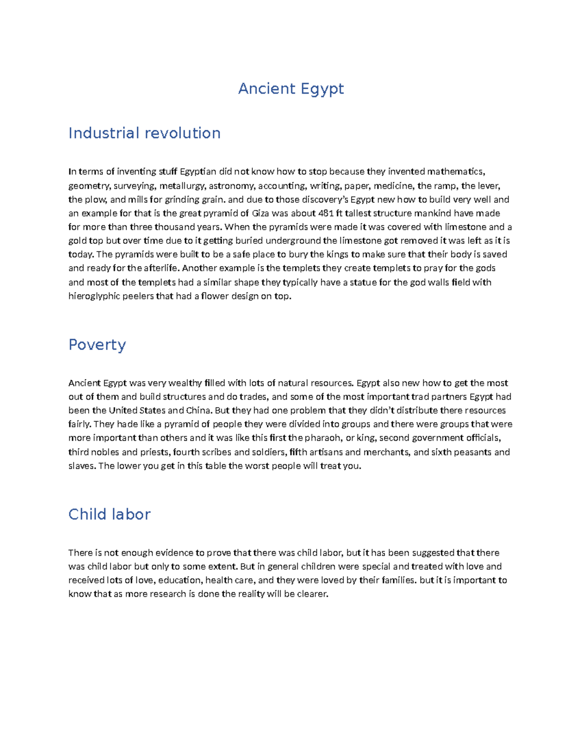 Ancient Egypt: Innovations, Society, and Child Labor Insights - Studocu