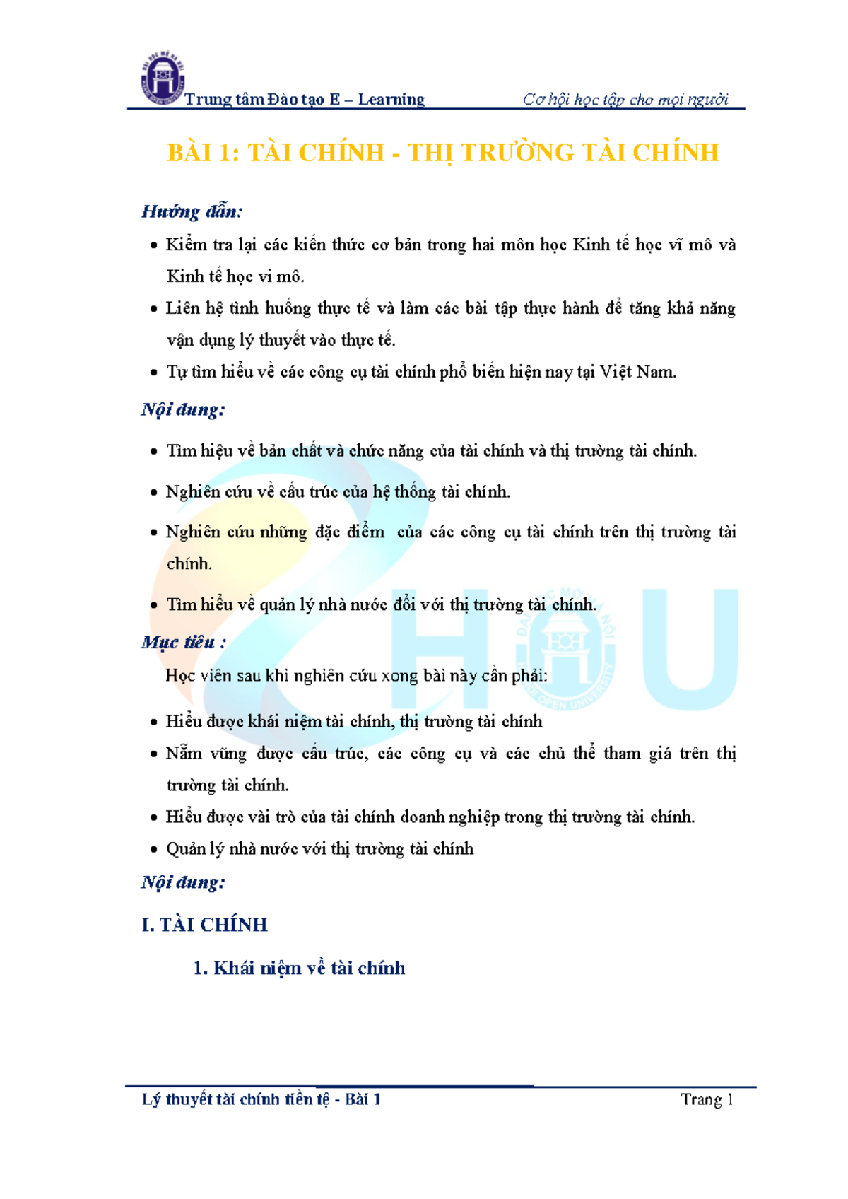 Bài 1: Tài Chính Thị Trường - Kiến Thức Cơ Bản và Ứng Dụng - Studocu