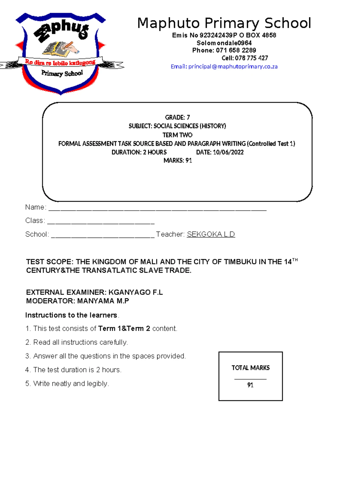 Grade 6 Geography Activity Grade 6 Term 2 Geography Instructions 6192