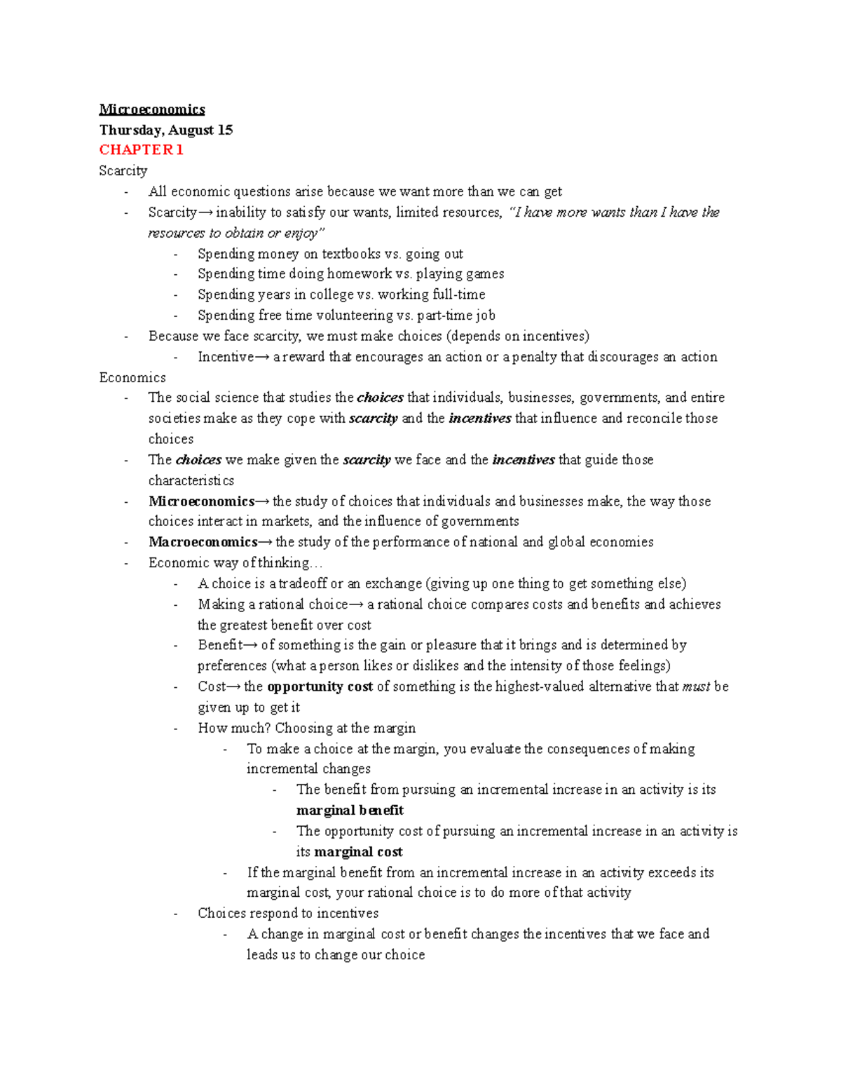 Microeconomics Test #1 Notes (Chapters 1-4) - Studocu