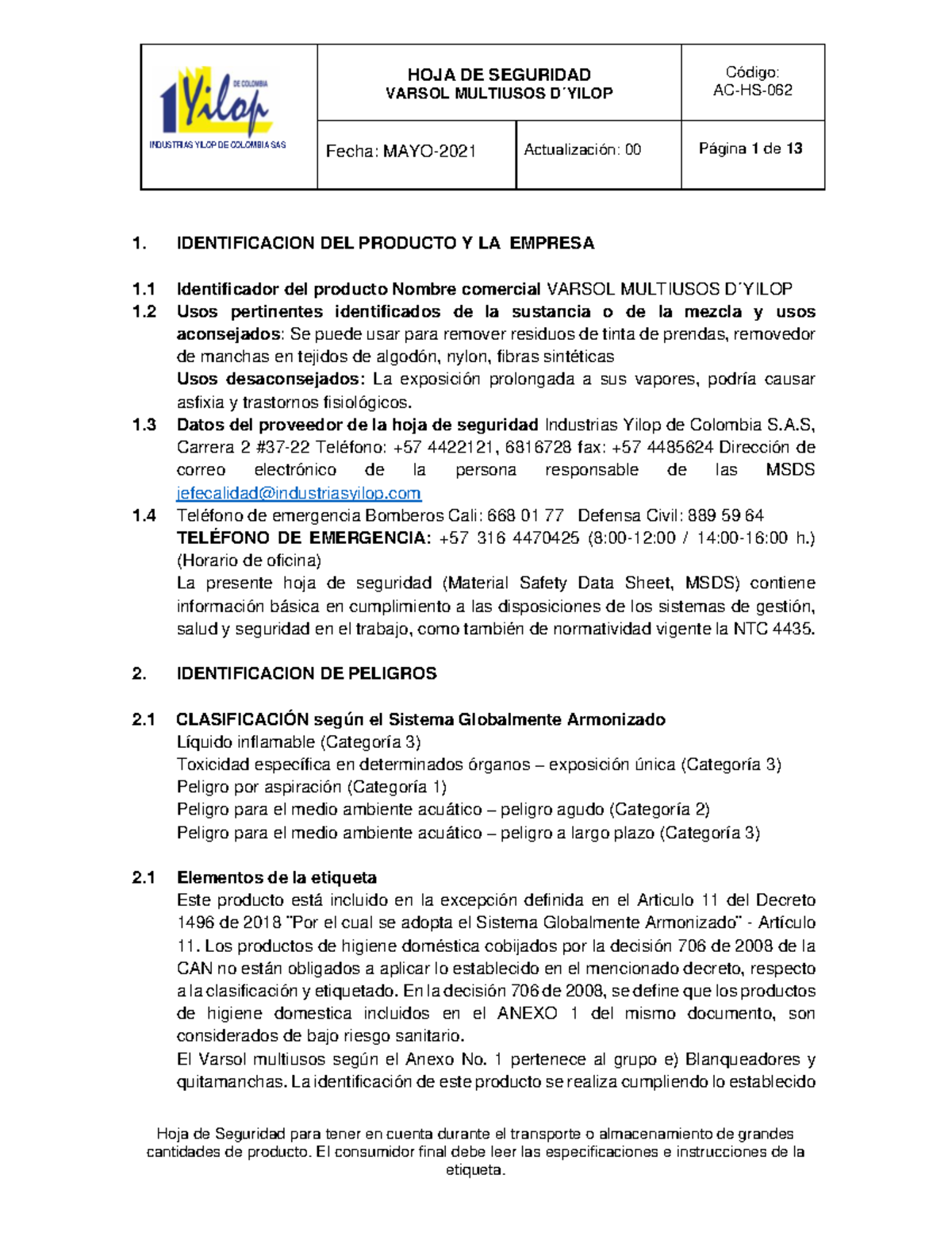 Hoja de Seguridad MSDS VARSOL Multiusos - Ind. Yilop Colombia SAS - Studocu