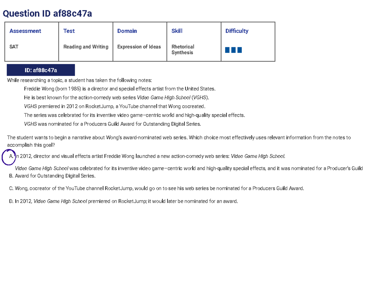 Rhetorical Synthesis - SAT Exam Notes on Various Studies - Studocu