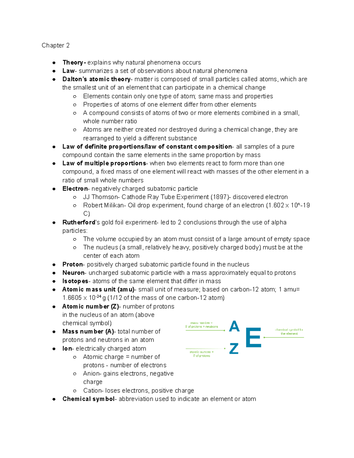 Chemistry 101 - Chapter 2: Atomic Theory and Structure Notes - Studocu