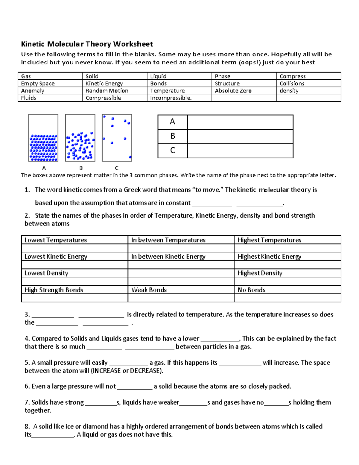 Kinetic Molecular Theory Worksheet: Understanding Phases and Properties ...