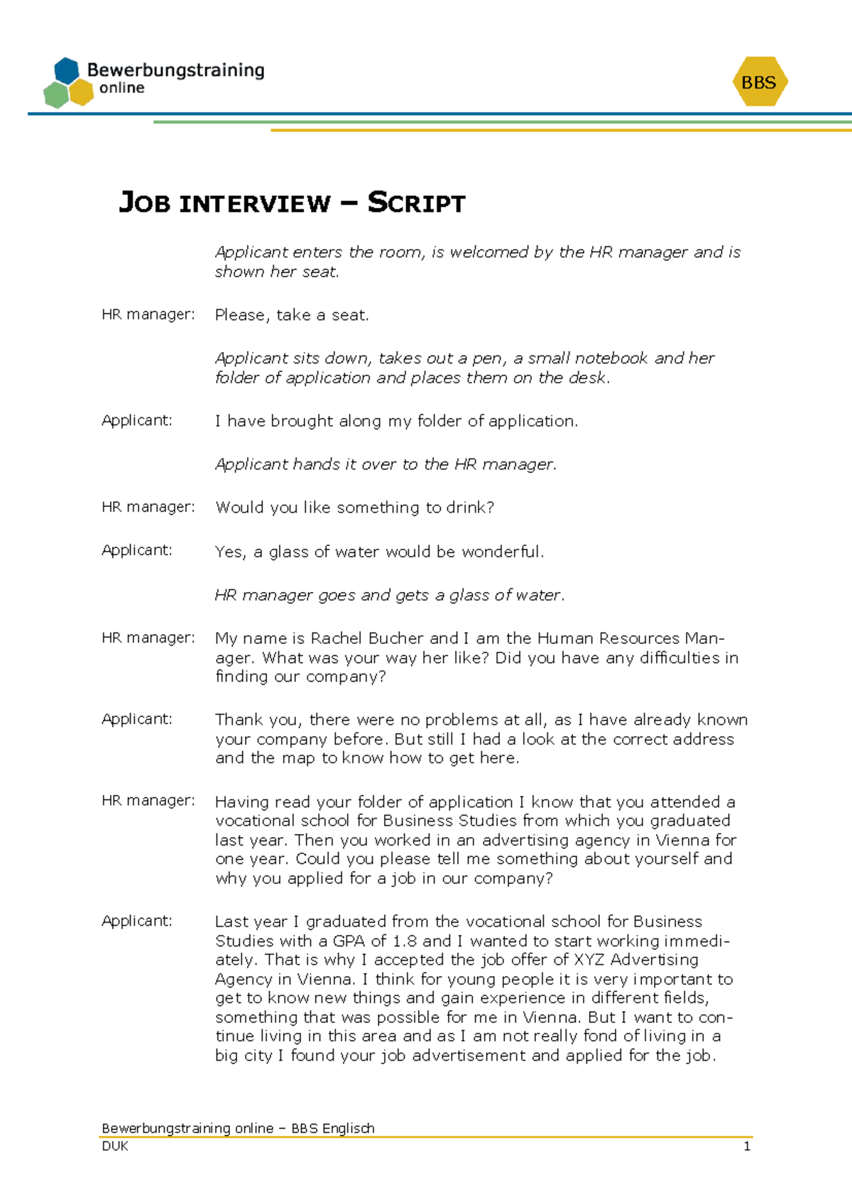 BBS Job Interview Script: Applicant & HR Manager Dialogue - Studocu