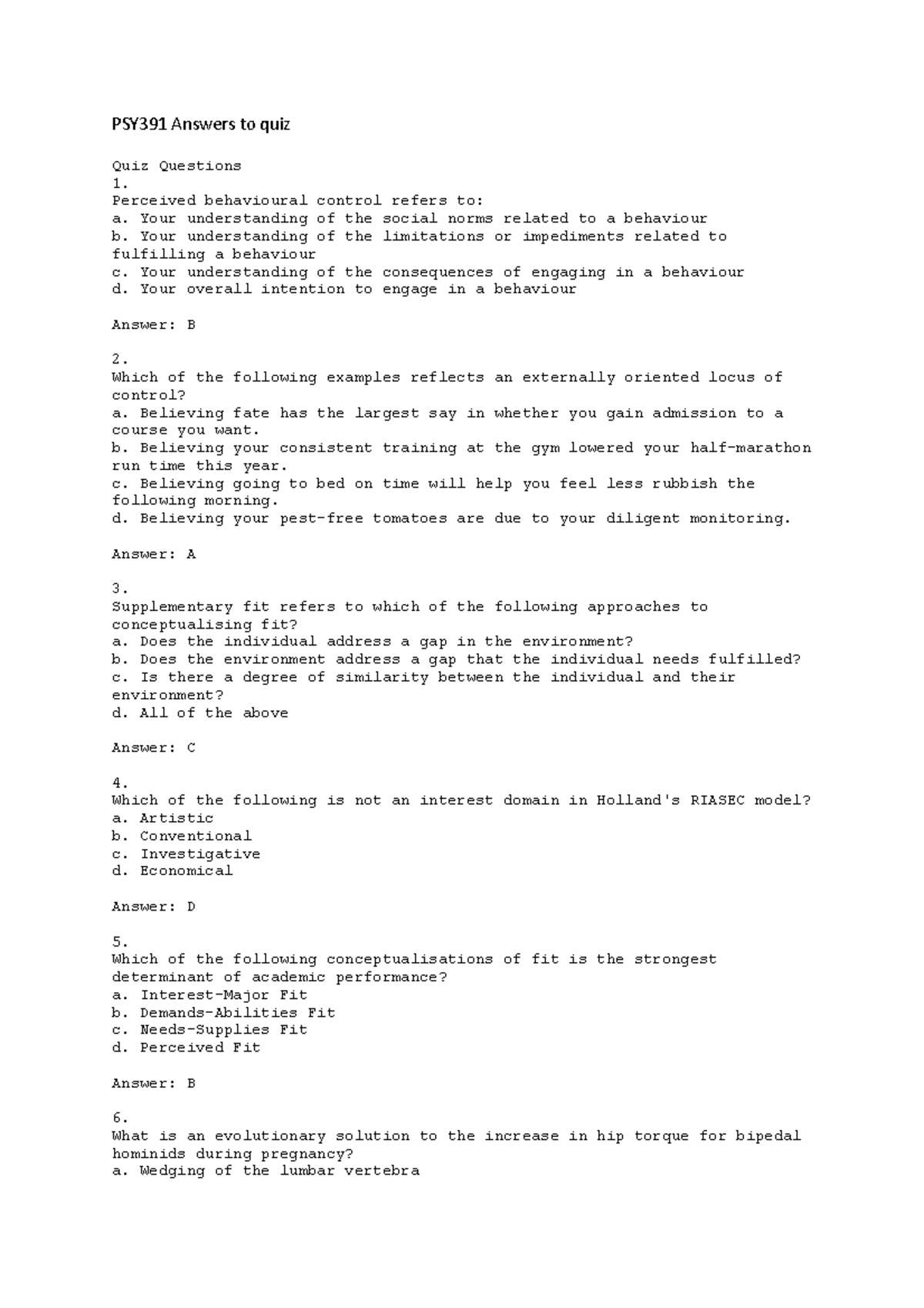 PSY391 Answers to quiz - PSY391 Answers to quiz Quiz Questions 1 ...