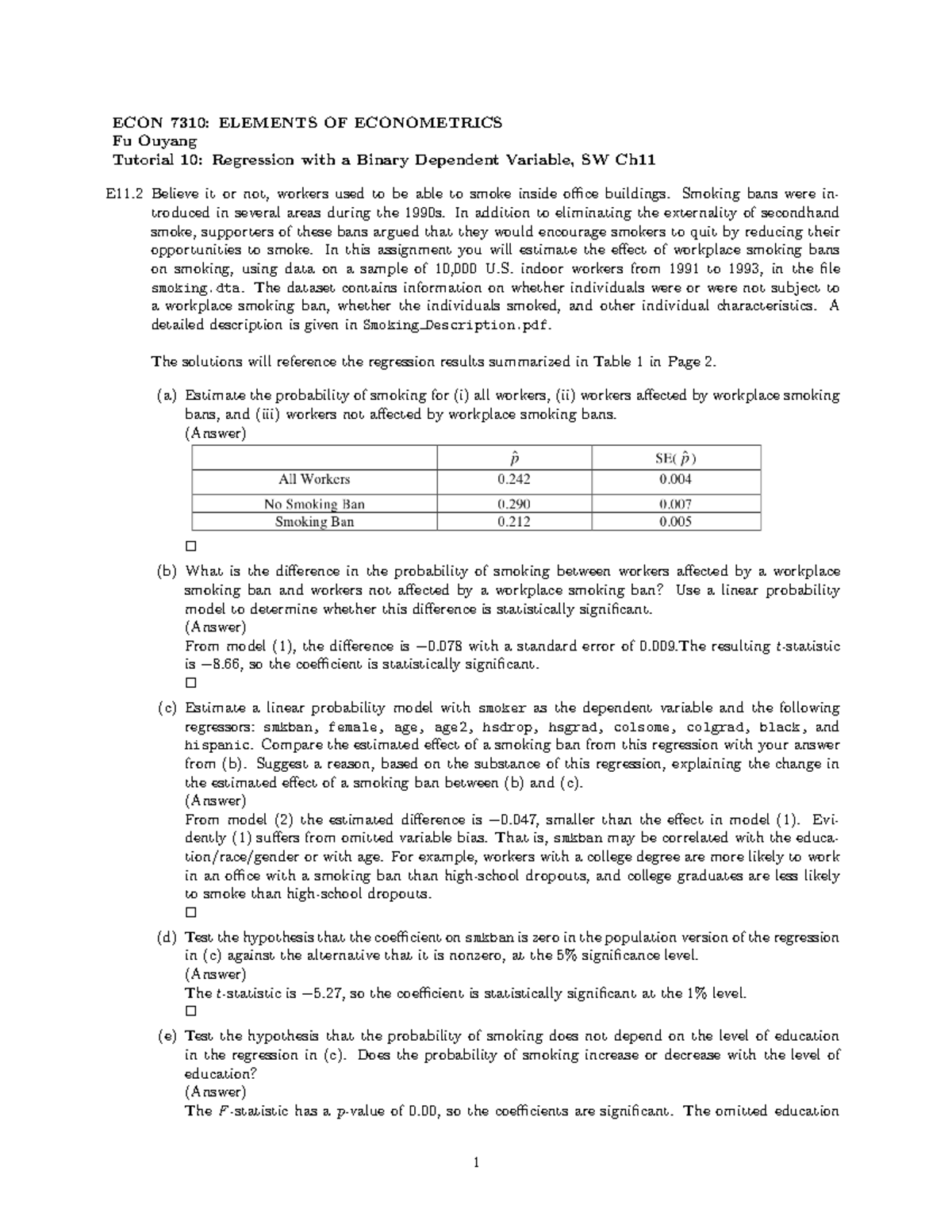ECON 7310: Tutorial 10 Solutions on Binary Regression Analysis - Studocu