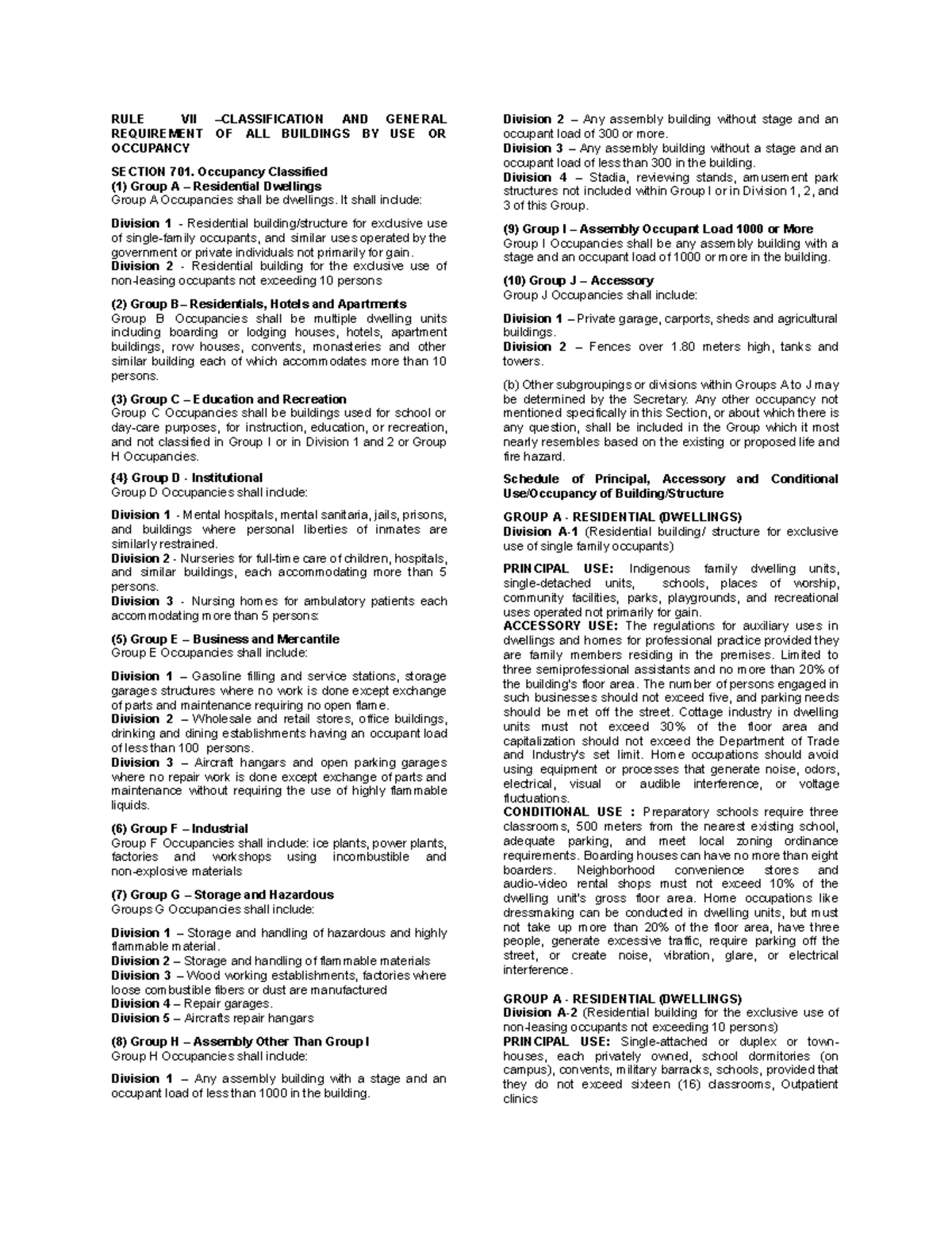 RULE VII & VIII - Building Occupancy Classifications and Requirements ...