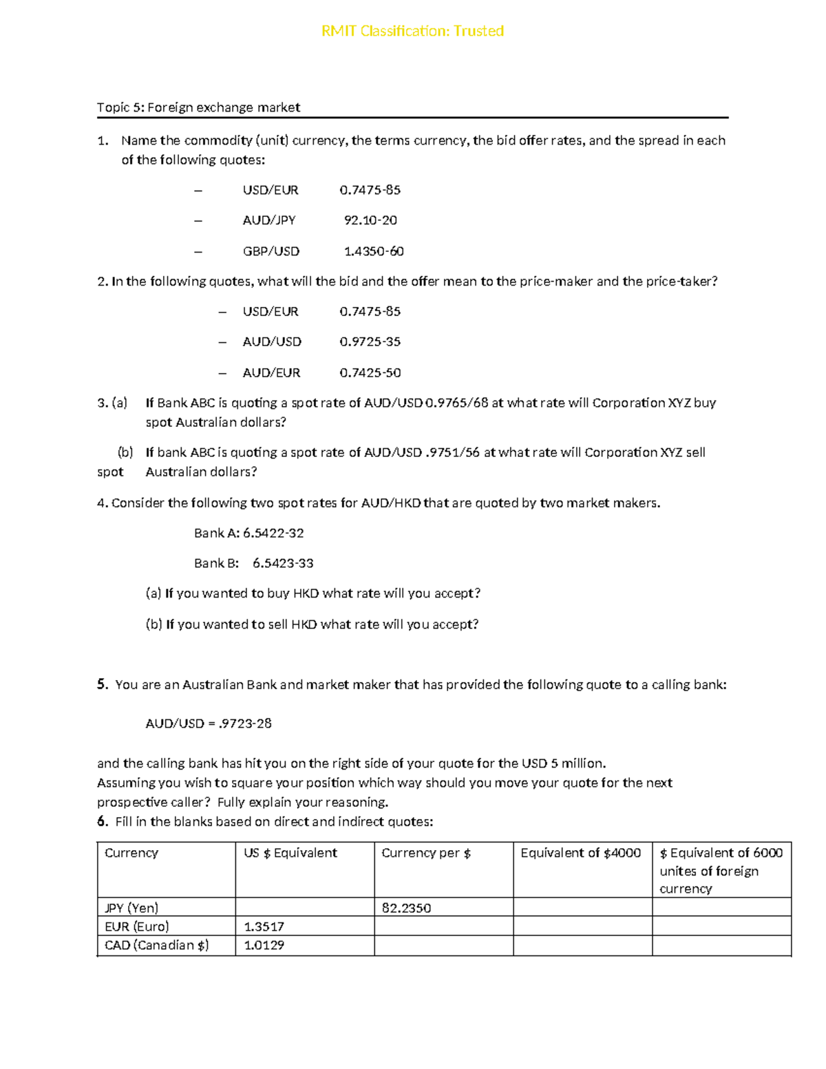 RMIT Topic 5: Foreign Exchange Market Questions & Analysis - Studocu