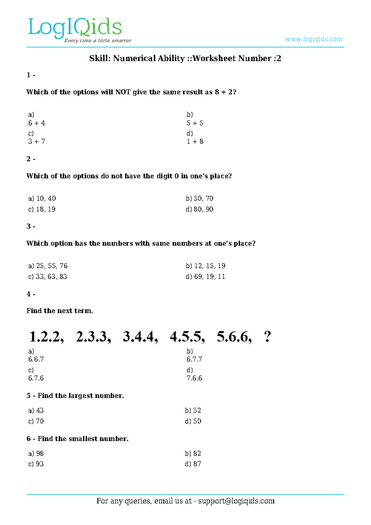 Numerical Ability Worksheet for Class 2 - Worksheet No. 2 - Studocu