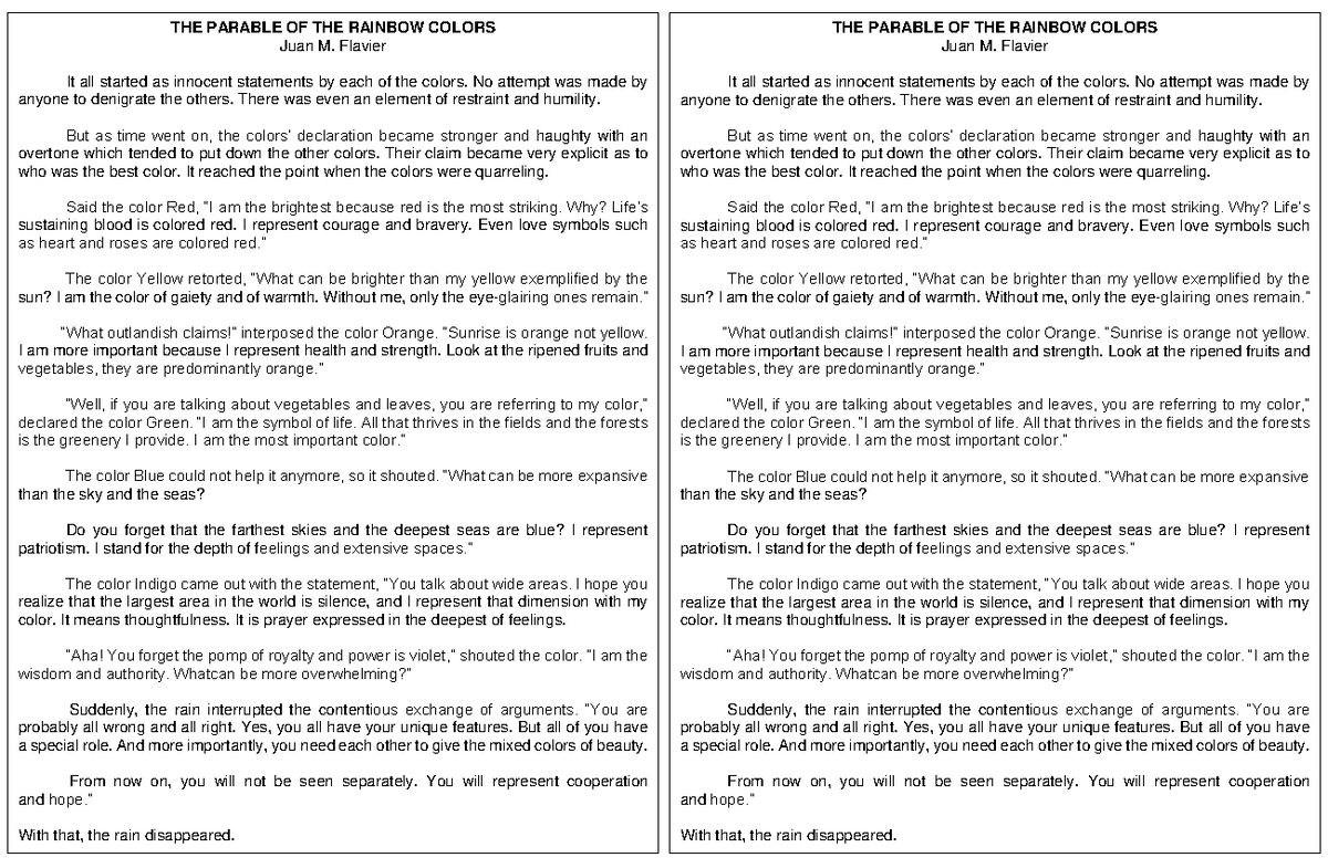 THE PARABLE OF THE RAINBOW COLORS: A Lesson on Cooperation - Studocu