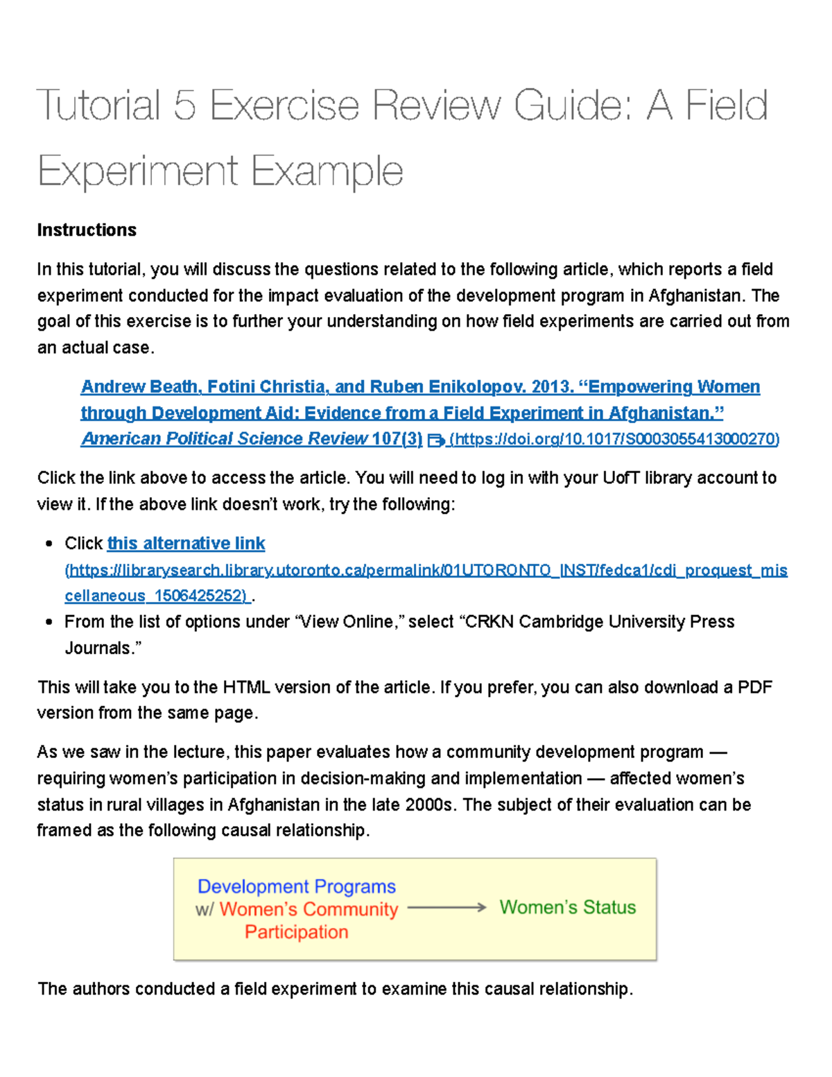 Tutorial 5 Exercise Review Guide: Field Experiment Insights - POL222H1F ...