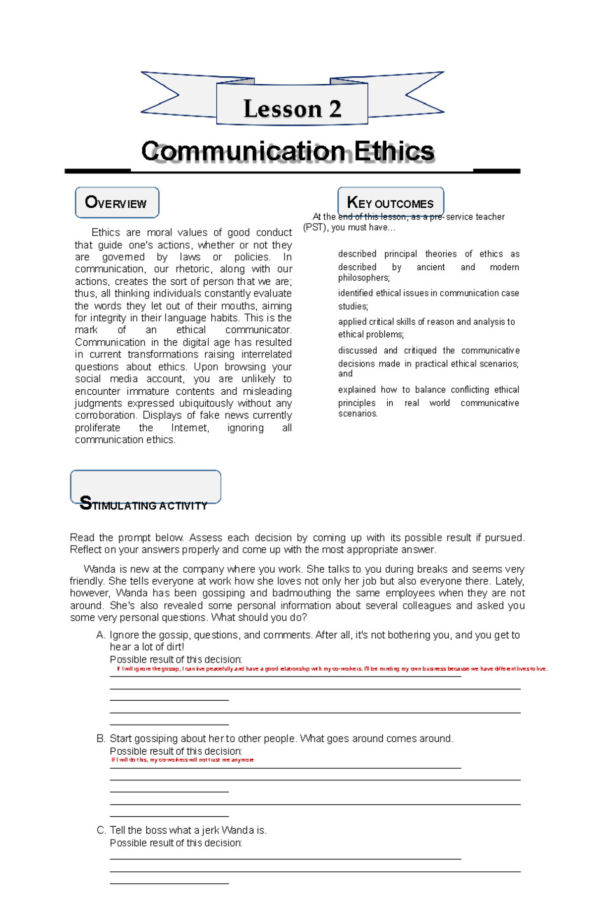 L2 - Lesson 2: Exploring Communication Ethics and Dilemmas - Studocu