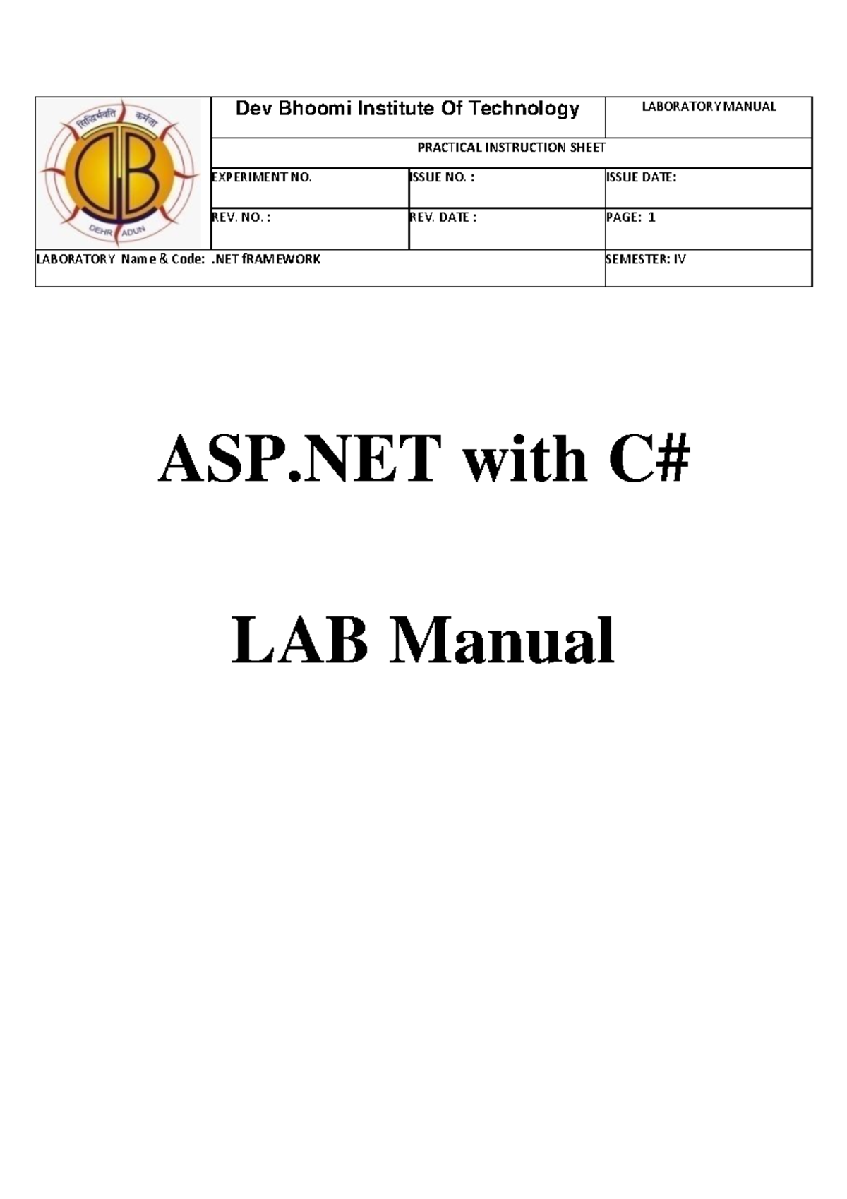 Asp.net-lab for practical practice - ASP with C# LAB Manual Dev Bhoomi Institute Of Technology ...