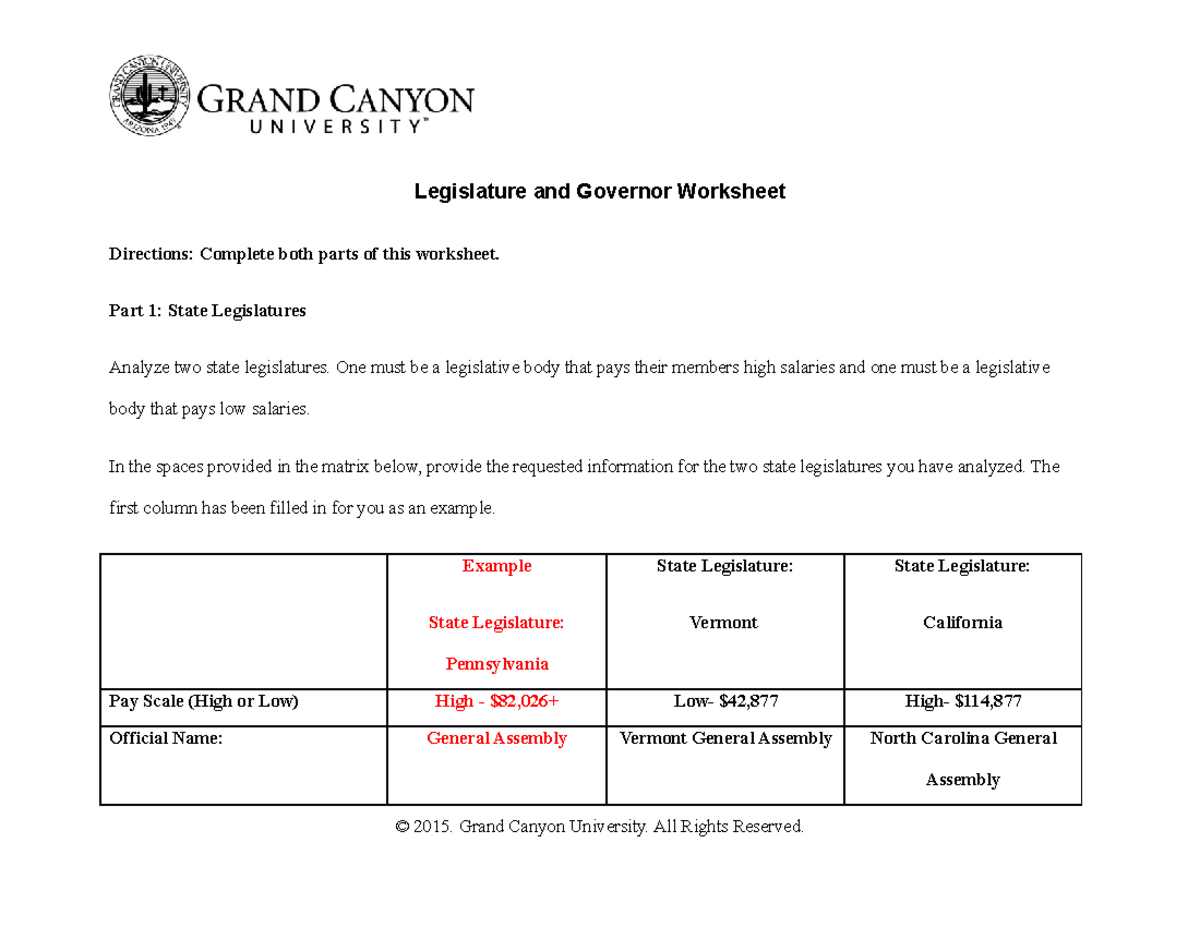 GOV-366 Legislature and Governor Analysis Worksheet - Studocu