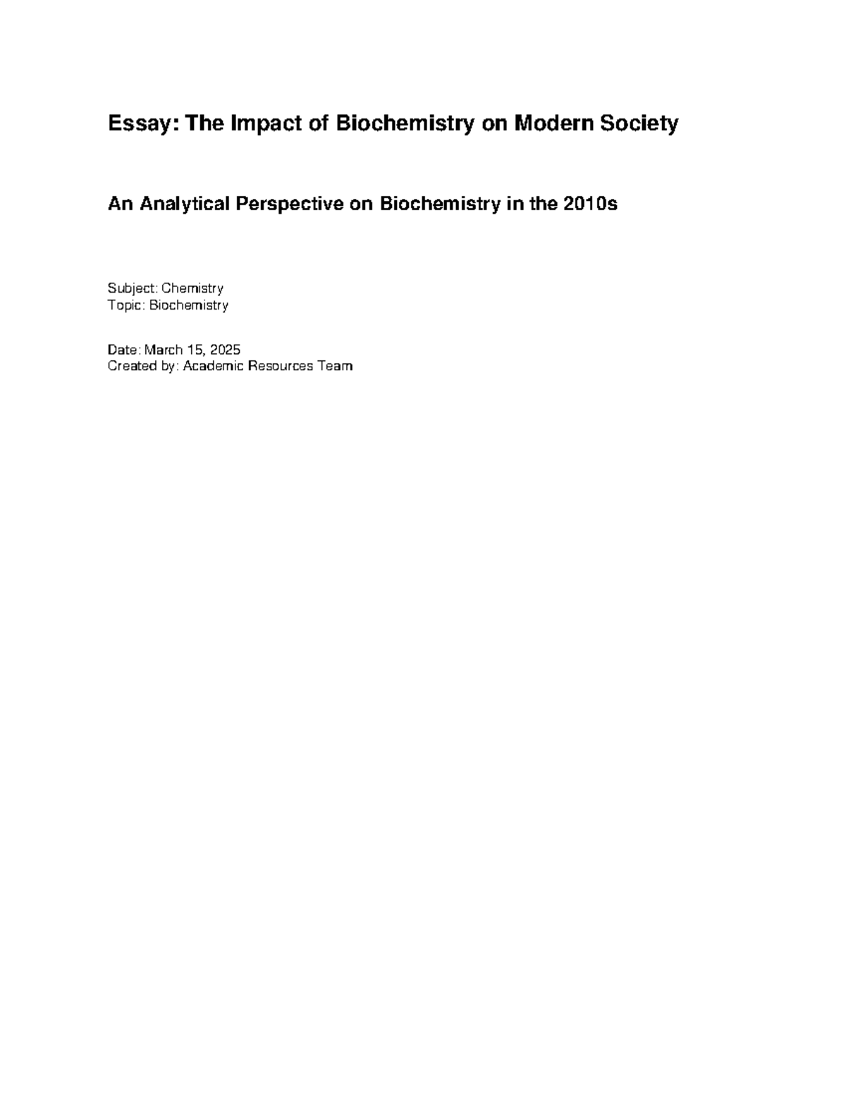 Essay: The Impact of Biochemistry on Modern Society (CHEM 201) - Studocu