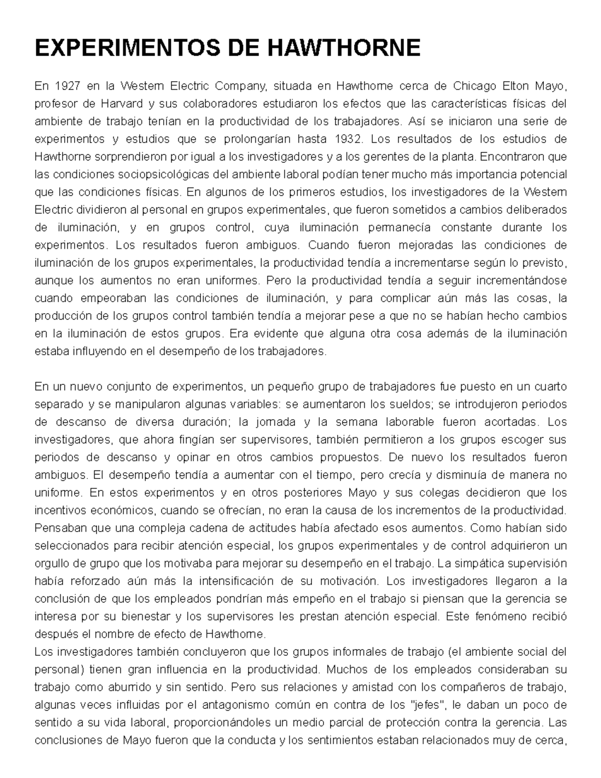 Estudio de los Experimentos de Hawthorne: Impacto en la Productividad ...
