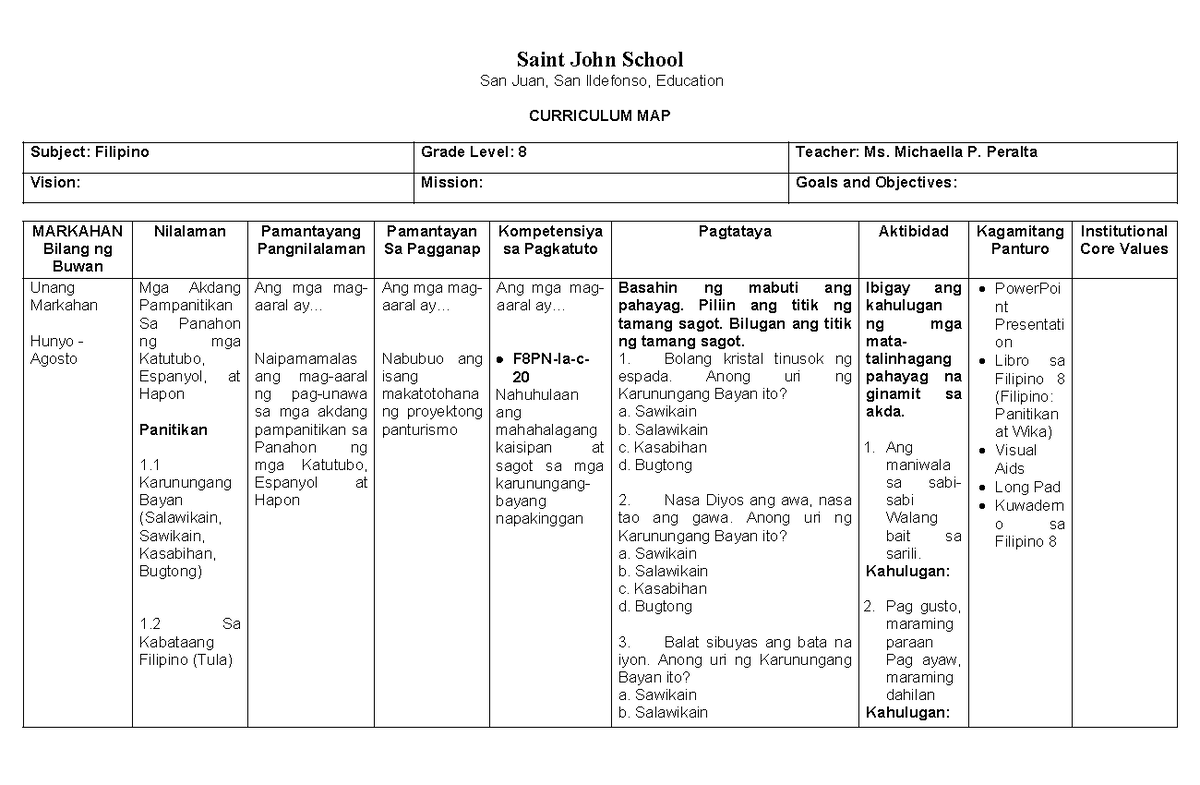 Grade 8, Filipino Curriculum Map - Eductaion - Studocu