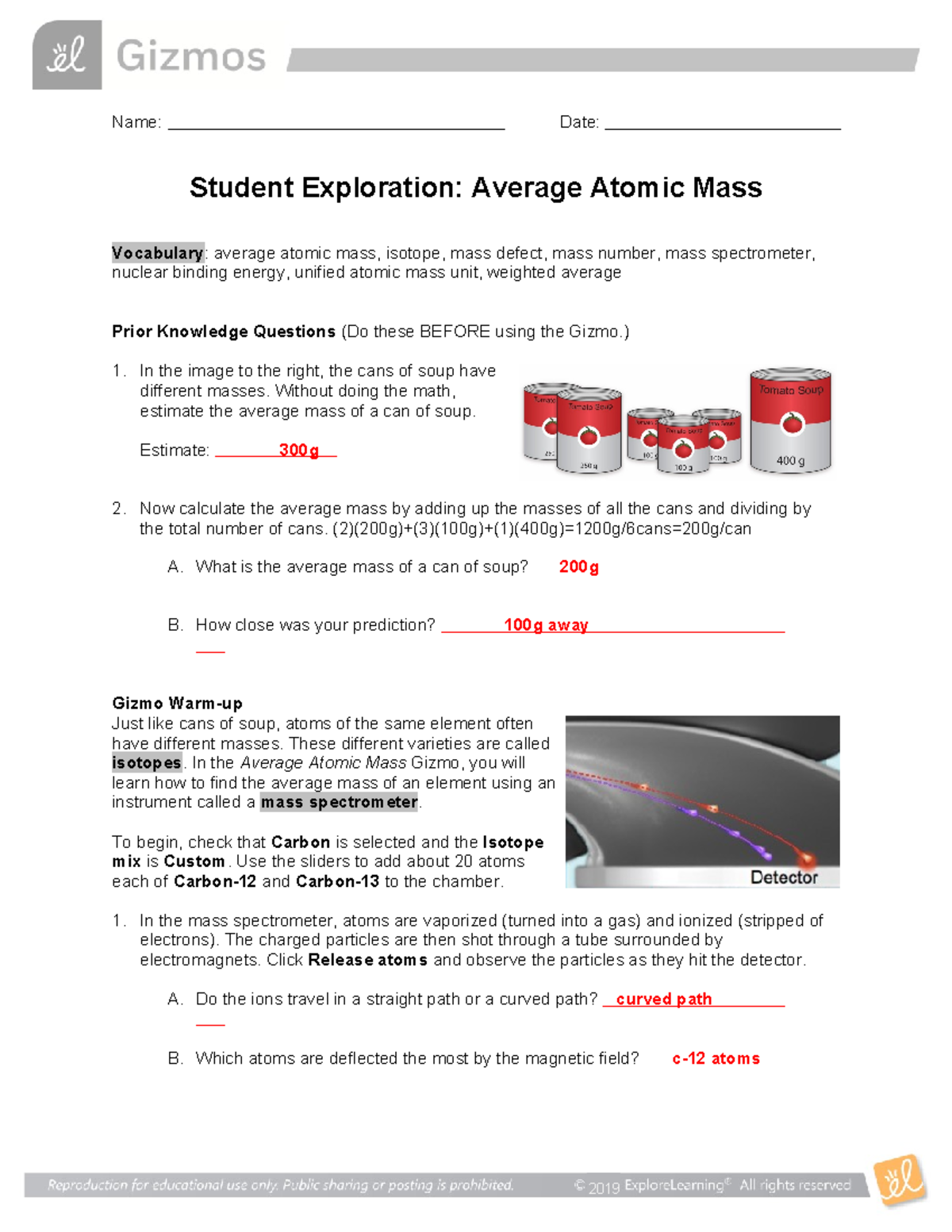 Average Atomic Mass Gizmo - Name: Date: Student Exploration: Average Atomic Mass Vocabulary ...