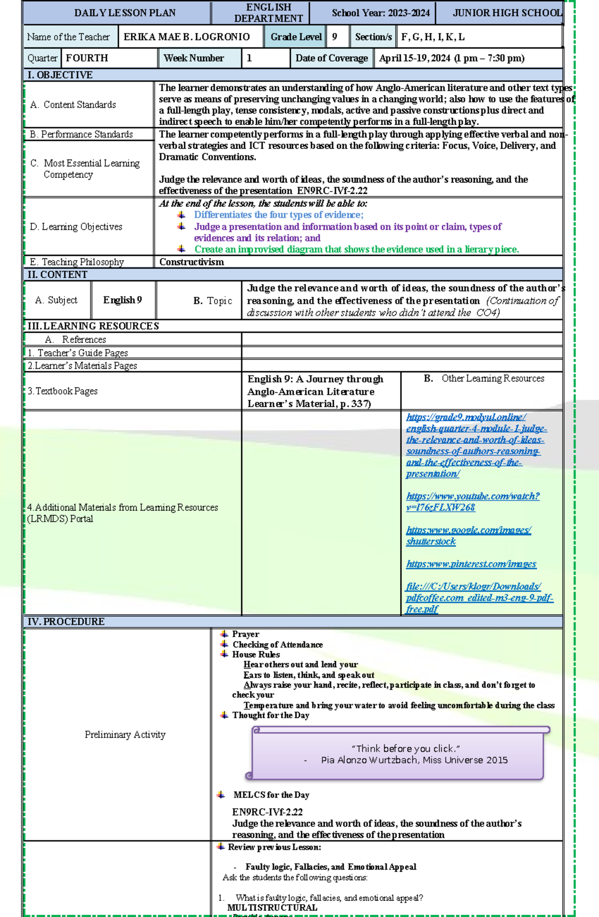 ENGLISH 9 DAILY LESSON PLAN - 4TH QUARTER, WEEK 1 (ERIKA LOGRONIO ...