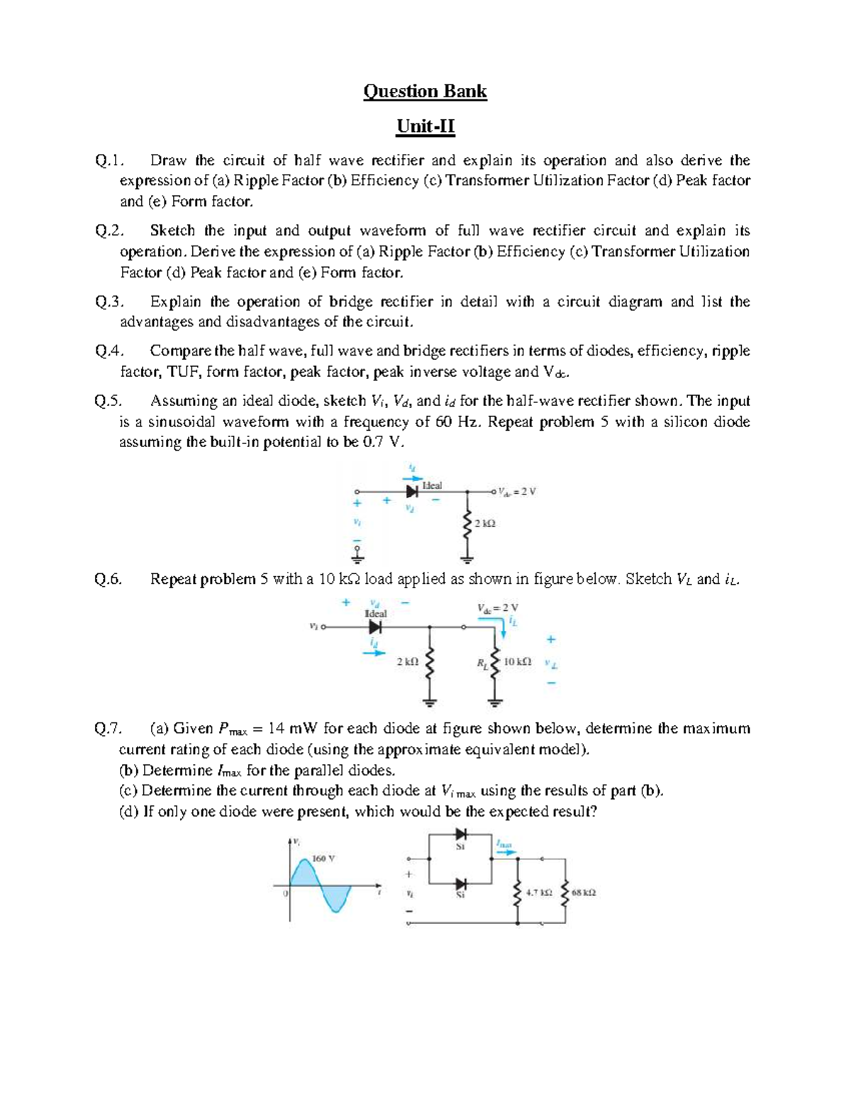Question Bank Unit II: Rectifiers and Filters Analysis - Studocu
