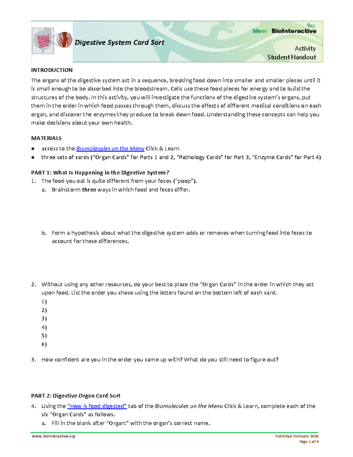 Digestive System Card Sort Activity (BIO 101) - Student Handout - Studocu
