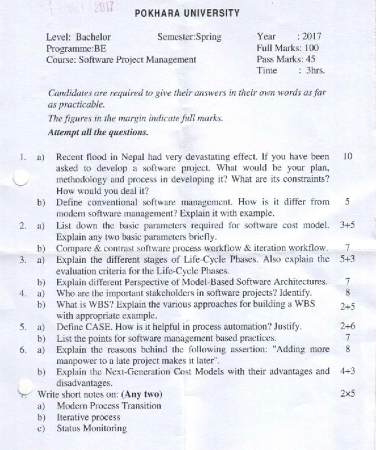 SPM-19 Fall: Software Project Management Past Exam Questions - Studocu
