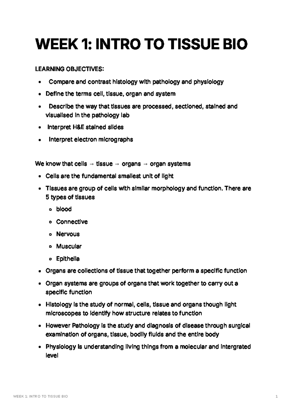 Week 1: Intro to Tissue Biology - Lecture Notes - Studocu