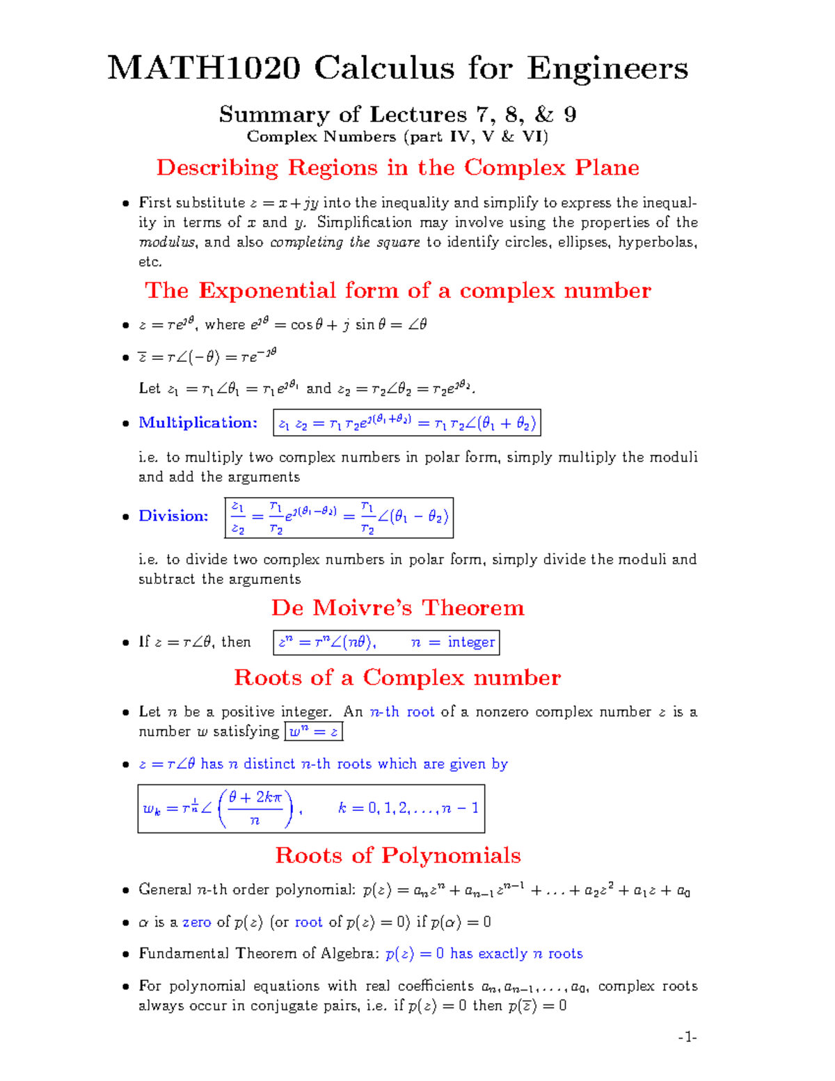 MATH1020 Lecture Summary: Complex Numbers (Lectures 7-9) - Studocu